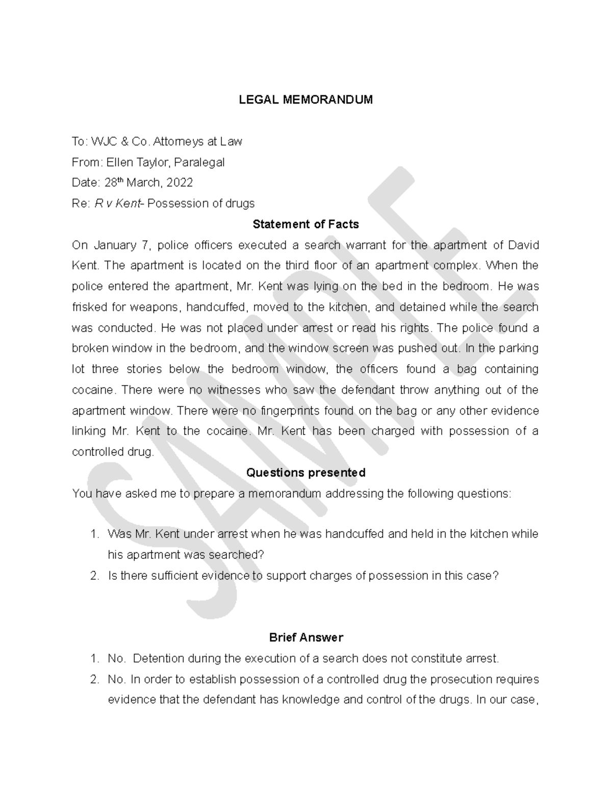 Sample Legal Memo - LEGAL MEMORANDUM To: WJC & Co. Attorneys at Law ...