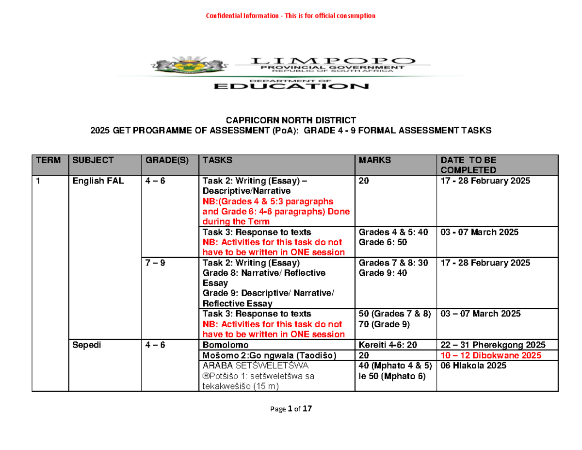 GET Programme of Assessment (PoA) 2025: Grade 4-9 Formal Tasks - Studocu