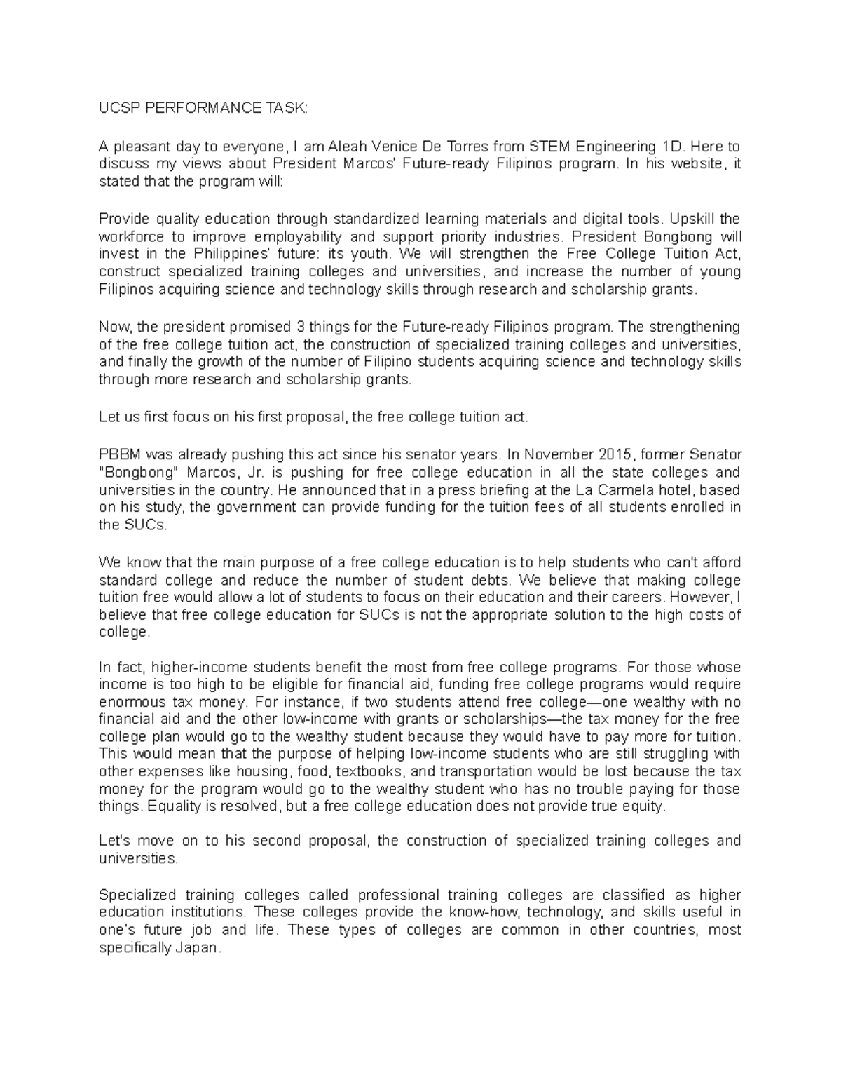 UCSP Performance Task: Views on President Marcos’ Future-Ready Program ...
