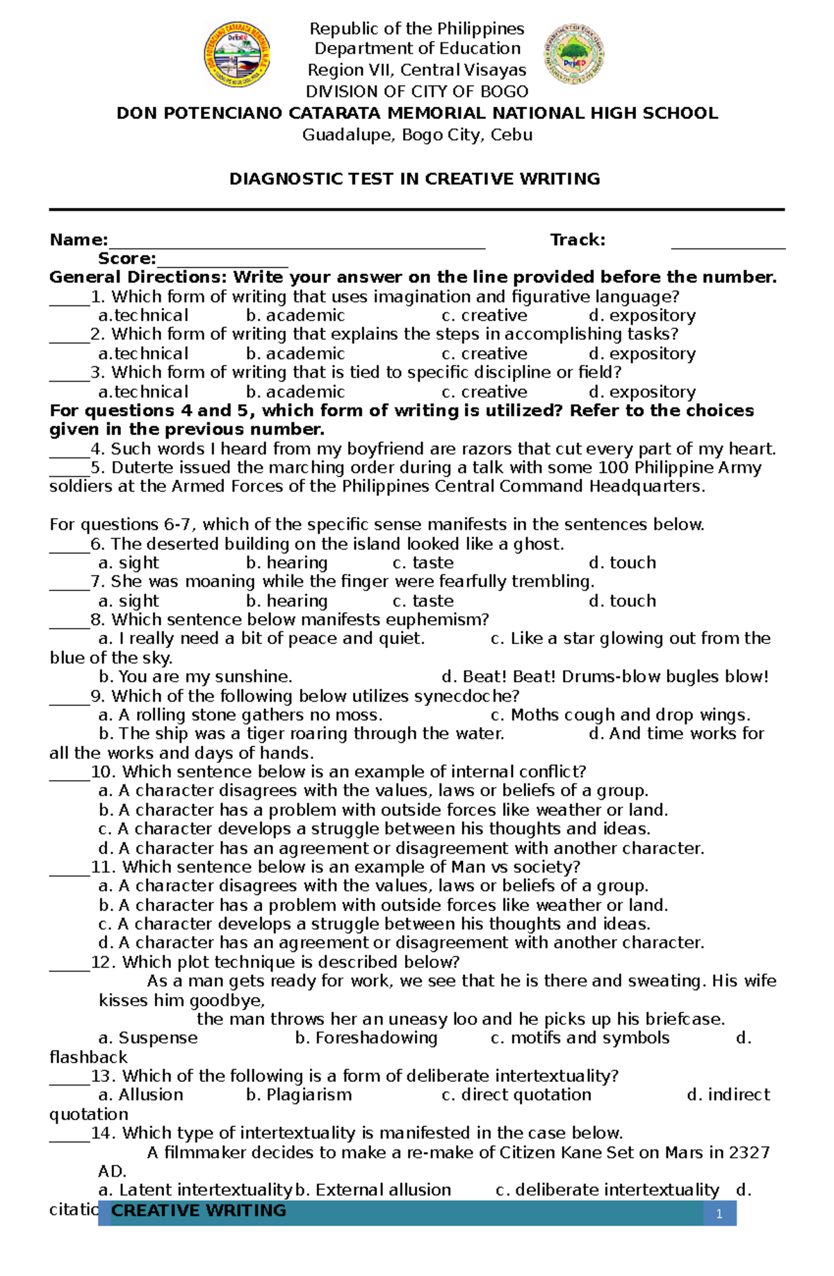 Creative Writing Diagnostic Test - Philippines Educational Context ...