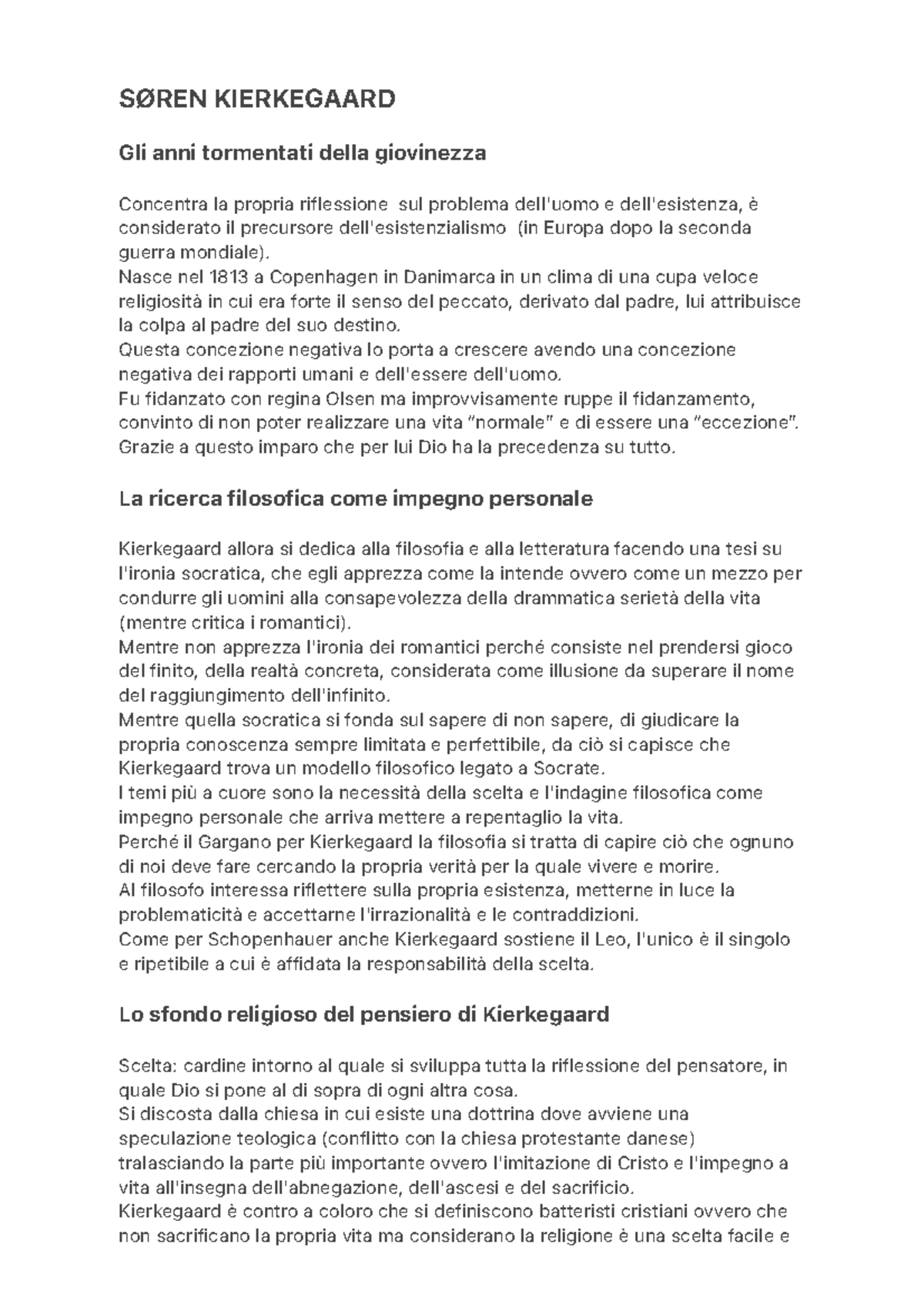 Søren Kierkegaard: Appunti per Verifica di Filosofia - Studocu