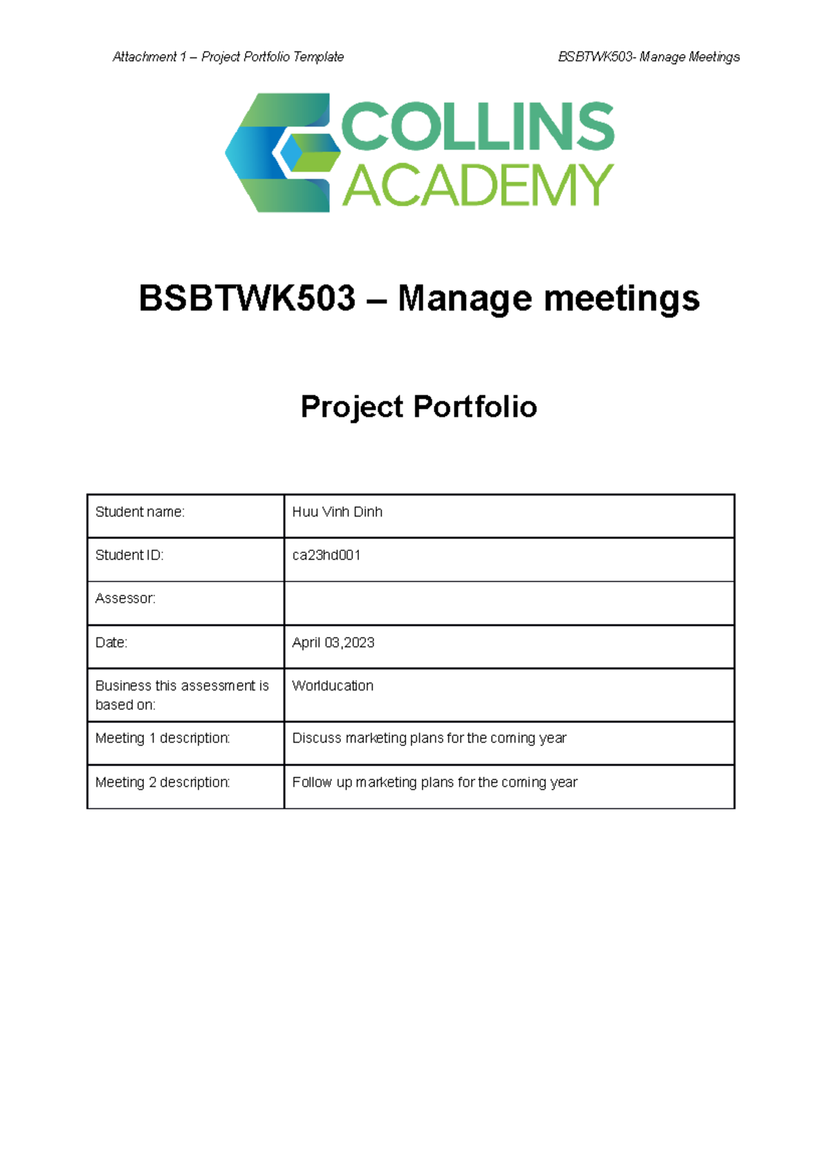 SA.2- Bsbtwk 503 Attachment 1-Project Portfolio - BSBTWK503 – Manage ...