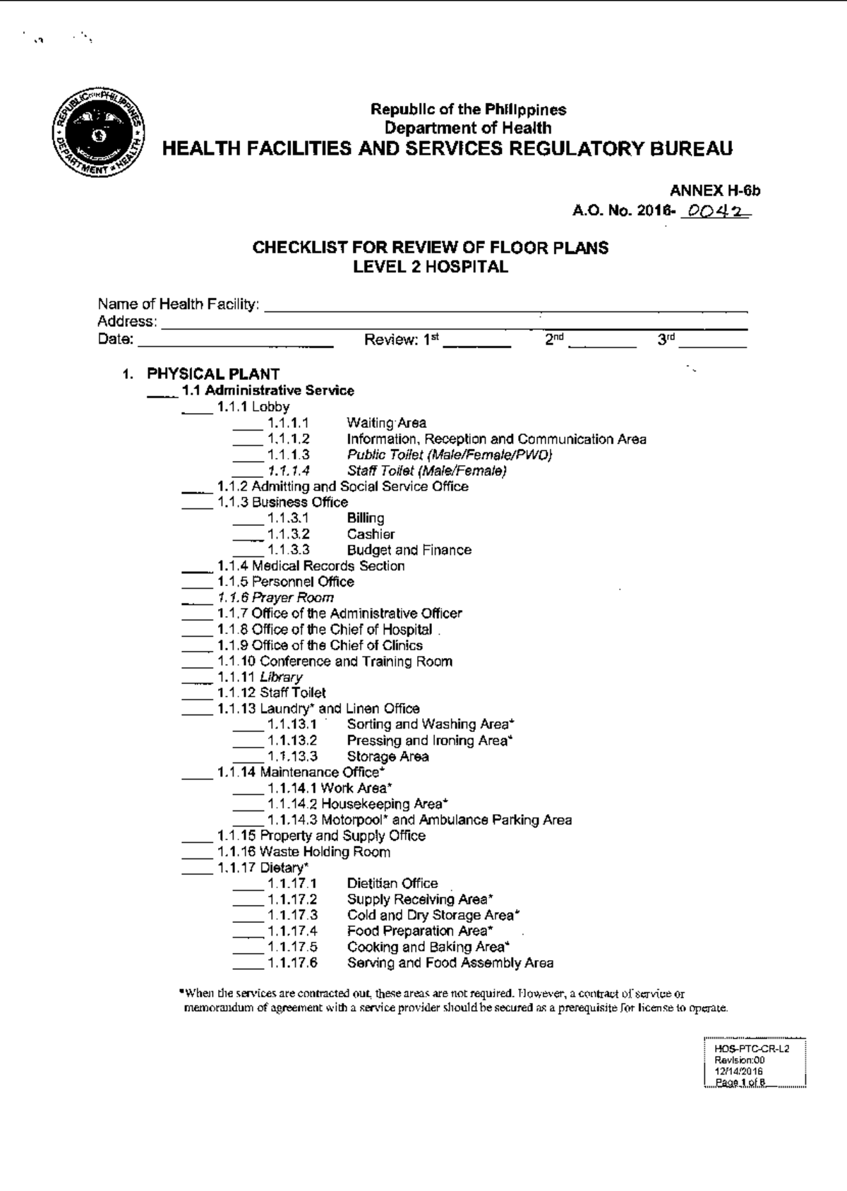 Checklist for Review of Floor Plans for Level 2 Hospital (A.O. No ...