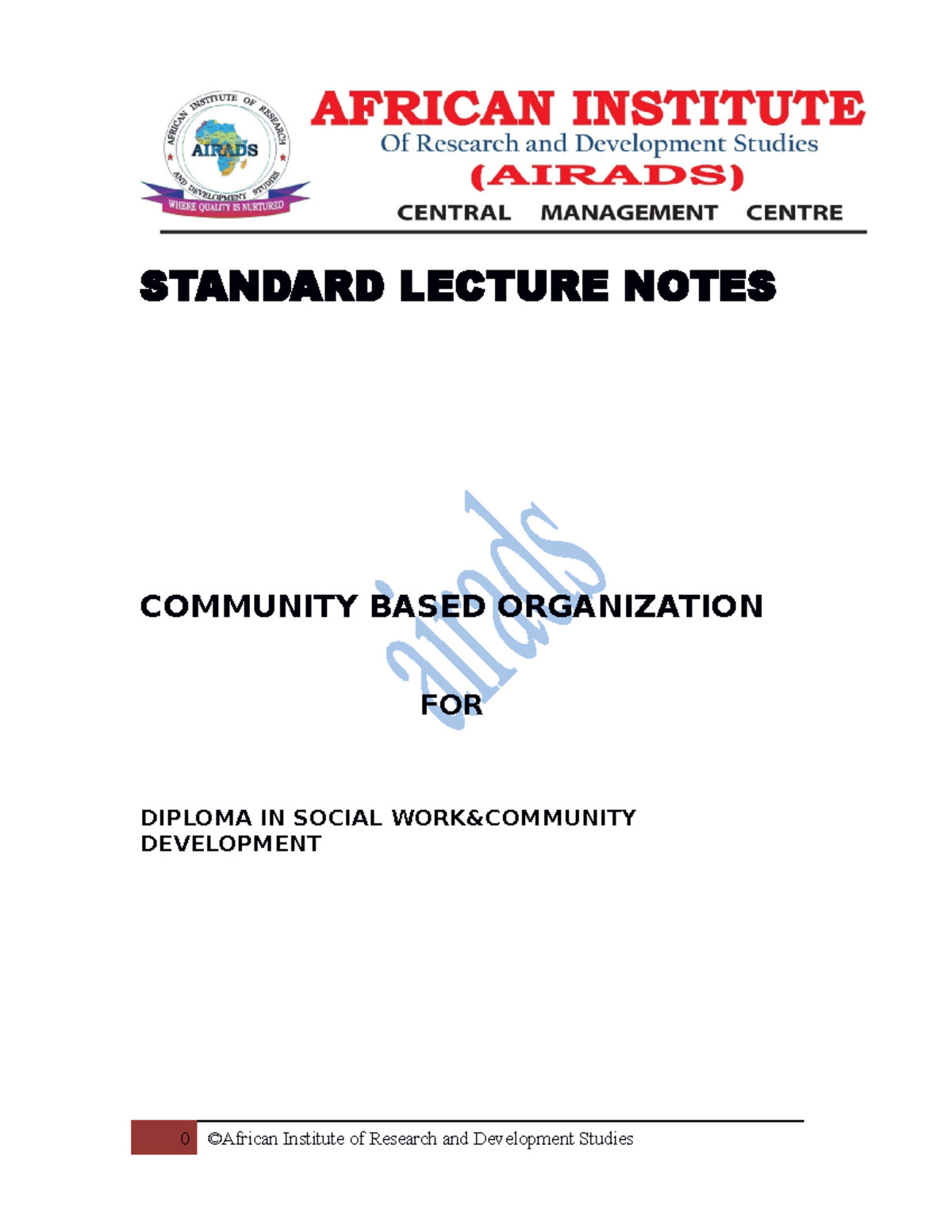 Community Based Organizations: Lecture Notes for Diploma in SW&CD - Studocu