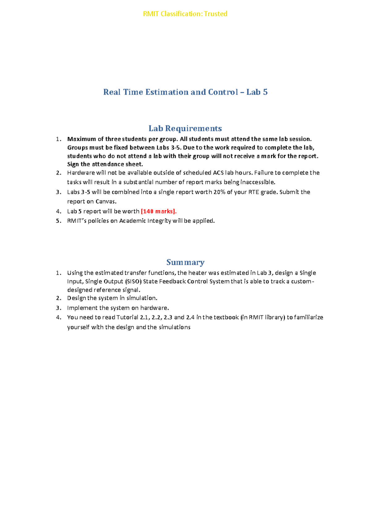 Lab 5: SISO State Feedback Control System Instructions (RTE 2025) - Studocu