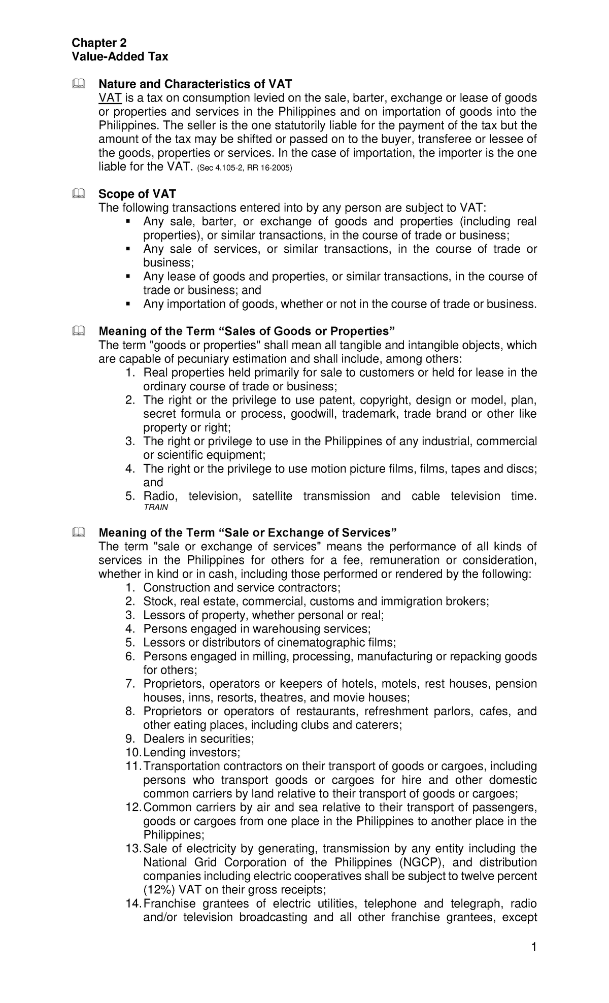 Chapter 2: Nature and Characteristics of VAT (Course Code: TRAIN) - Studocu