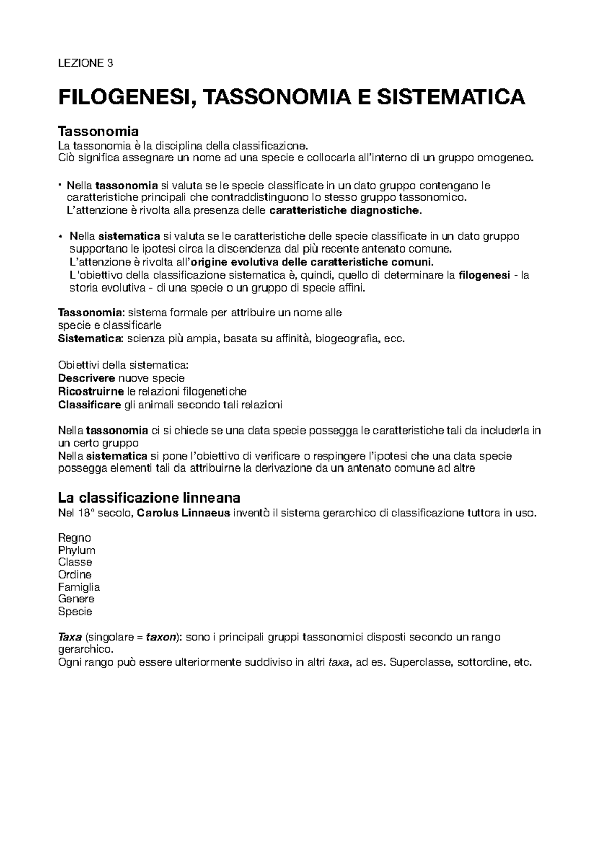 Lezione 3 - Filogenesi, Tassonomia e Sistematica della Biologia - Studocu