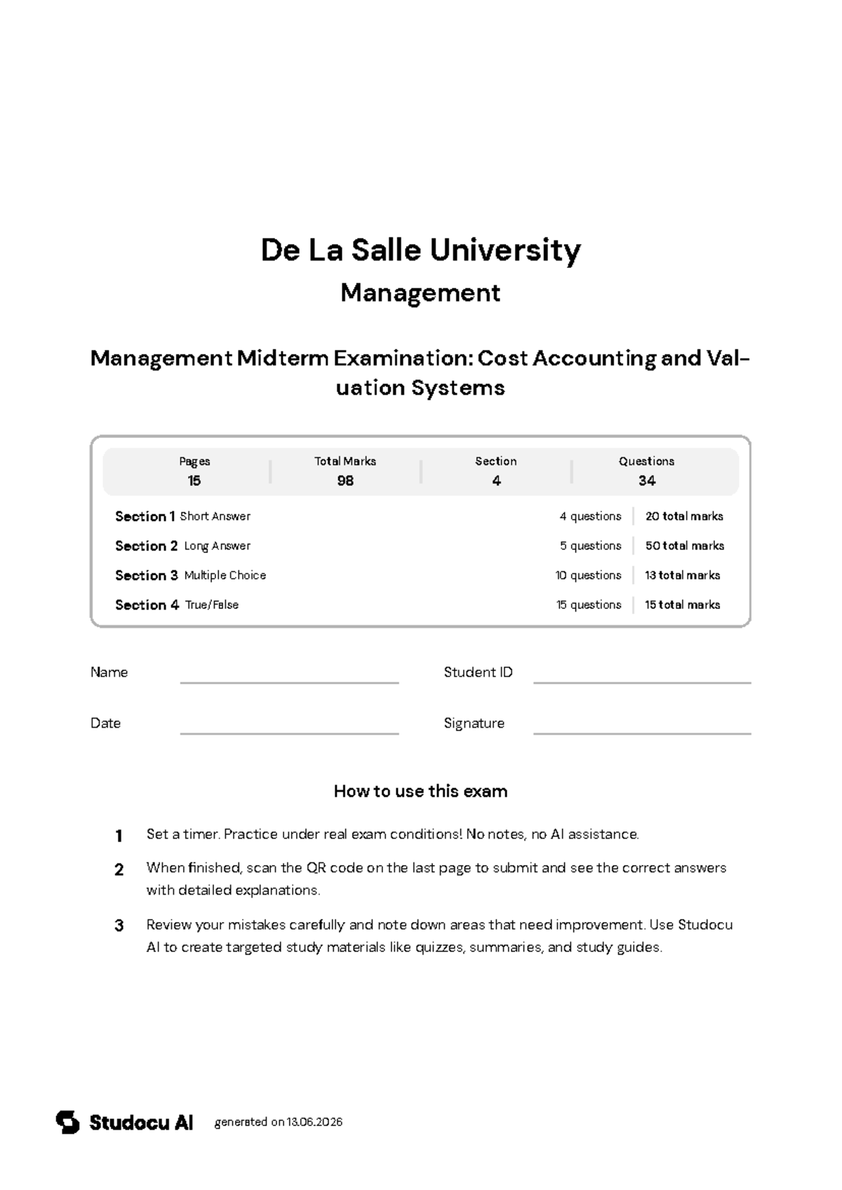 Management Midterm Exam: Cost Accounting Systems - Studocu