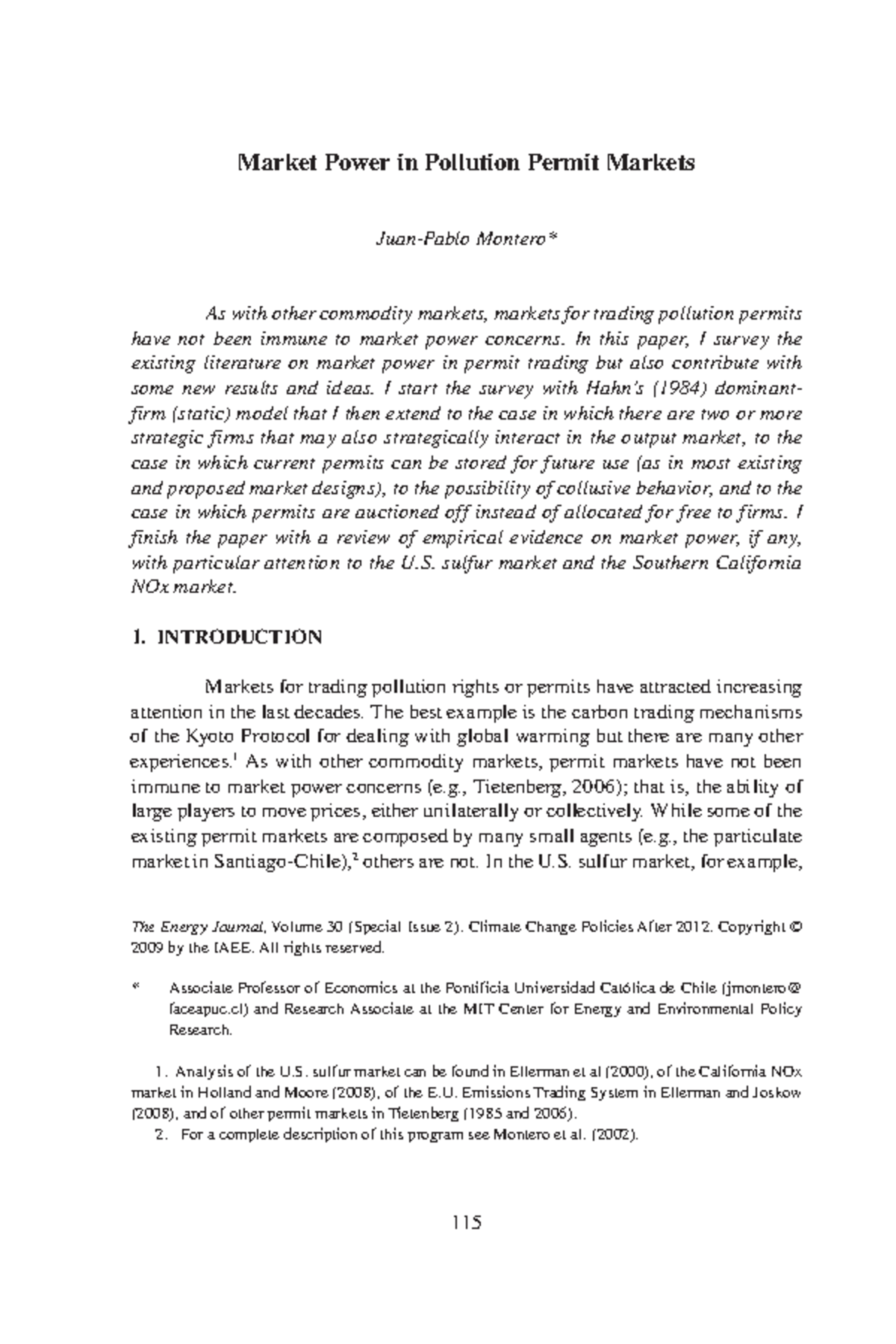 Market Power Insights in Pollution Permit Markets (Montero 2009) - Studocu