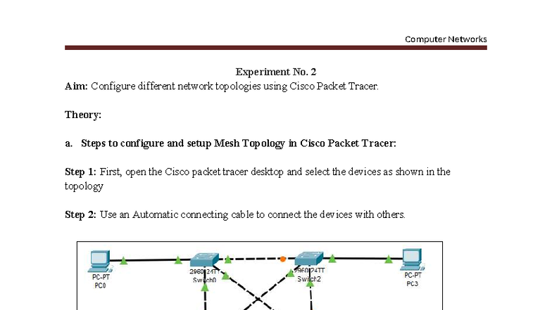 Computer Networks Experiment No. 2: Configuring Network Topologies - Studocu