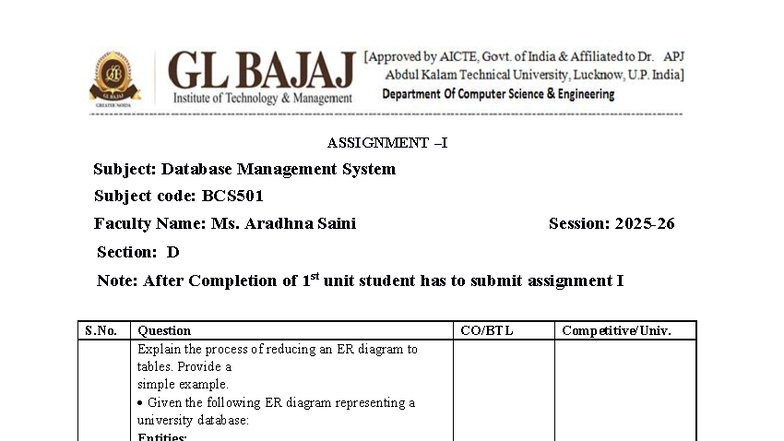 BCS501 Assignment 1: ER Diagram to Tables & Data Independence - Studocu