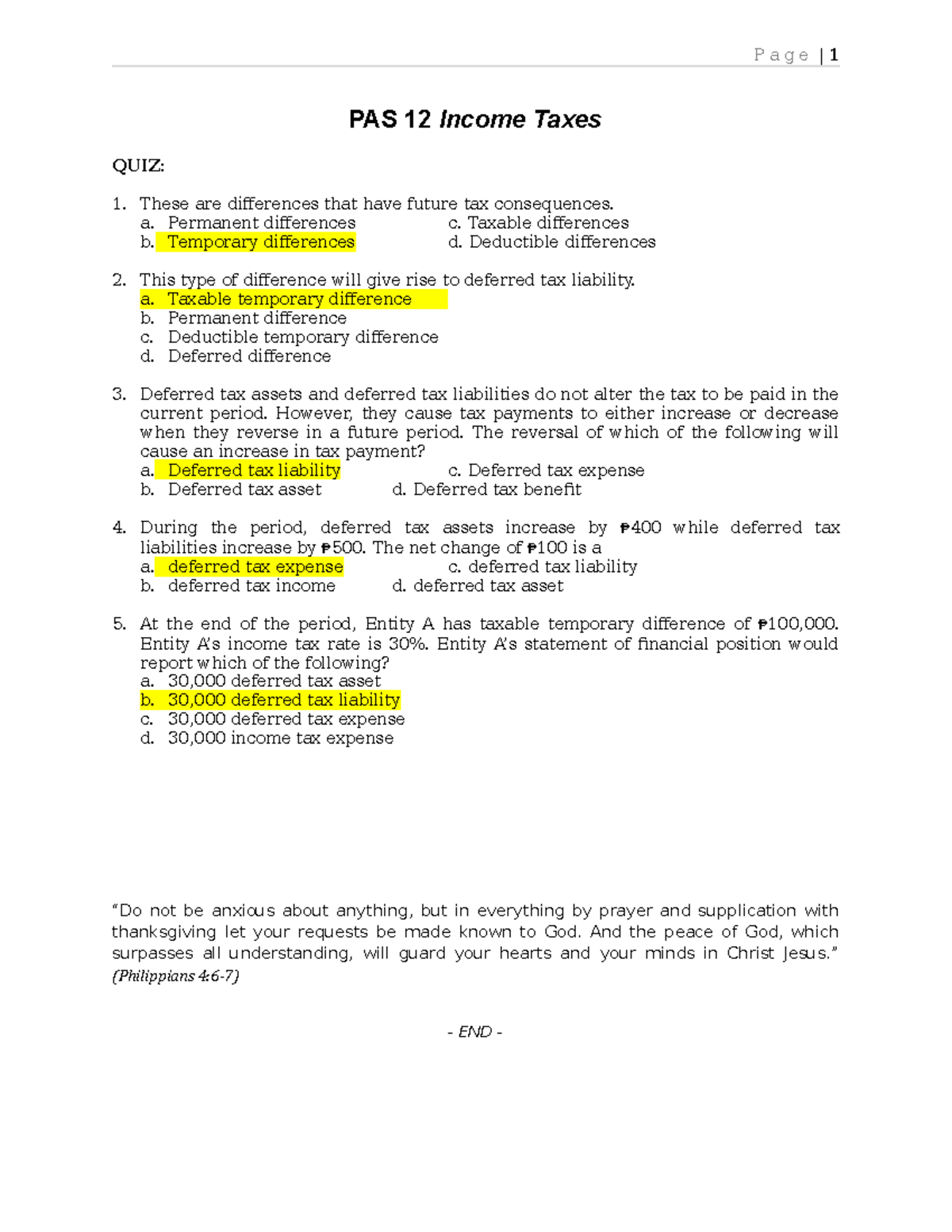 QUIZ PAS 12 Income Taxes - P a g e | 1 PAS 12 Income Taxes QUIZ: These ...