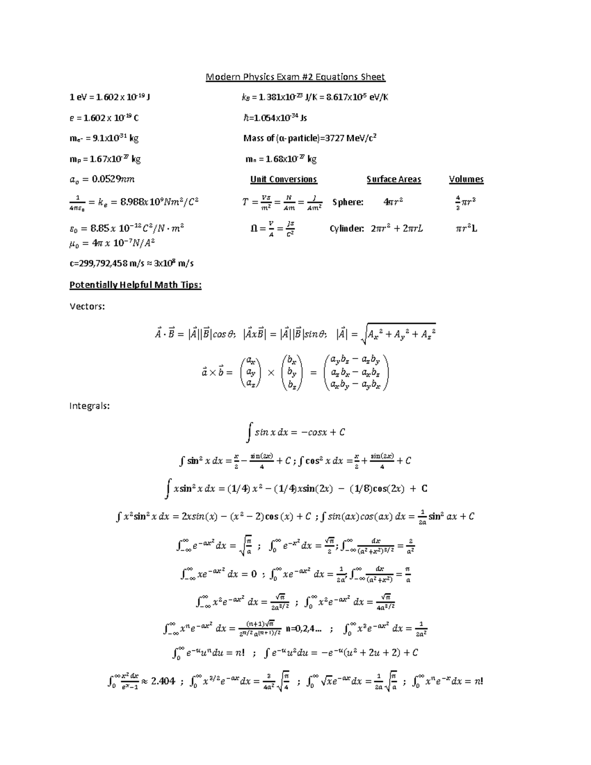 Modern Physics Exam #2 Equations Reference Sheet - Studocu