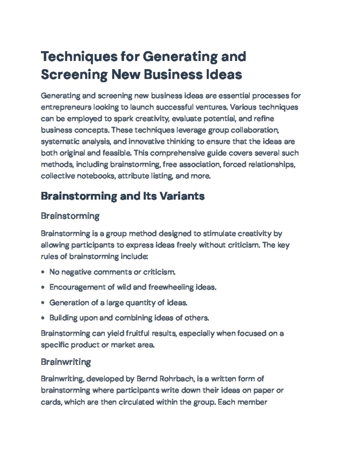 Techniques for Generating and Screening New Business Ideas - Techniques ...