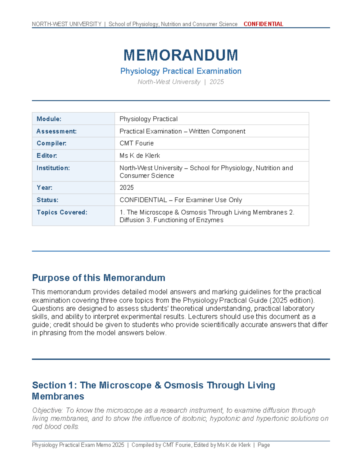 Physiology Practical Exam Memo 2025 - CMT Fourie & Ms K de Klerk - Studocu