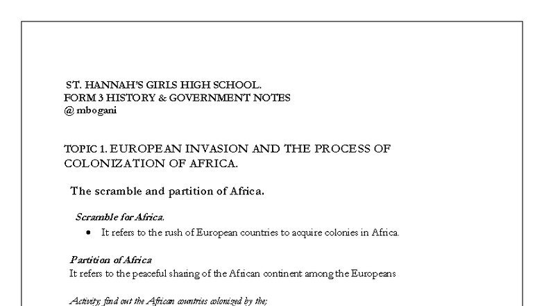 FORM 3 HISTORY NOTES: EUROPEAN INVASION & COLONIZATION OF AFRICA - Studocu