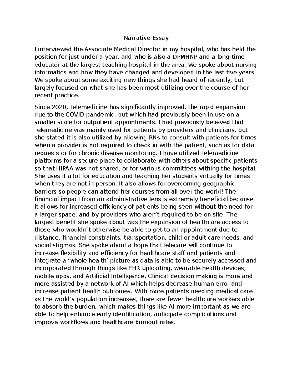 Narrative Essay - We spoke about nursing informatics and how they have ...