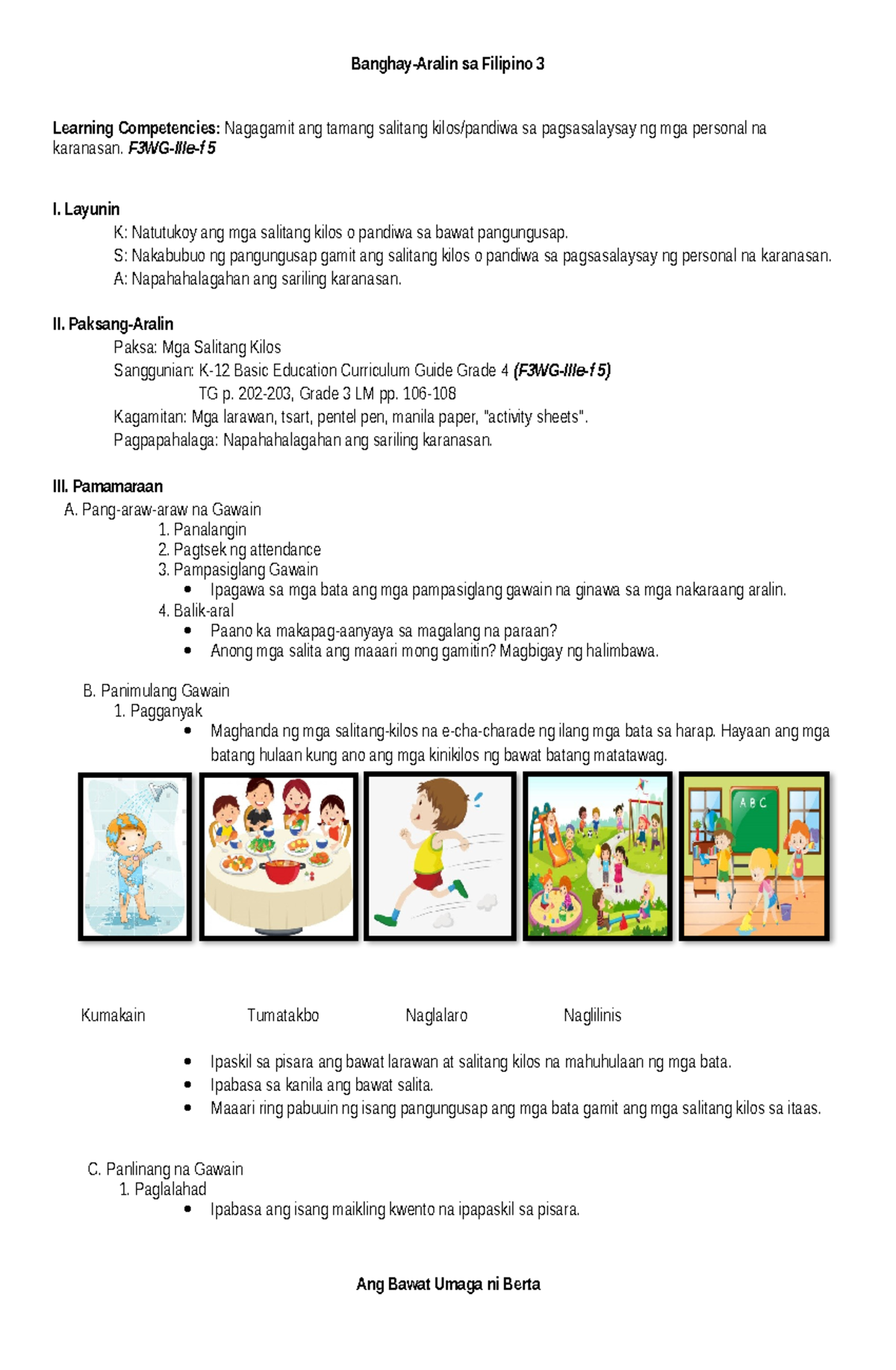 Banghay Aralin sa Filipino 3: Pandiwa at Salitang Kilos - Studocu