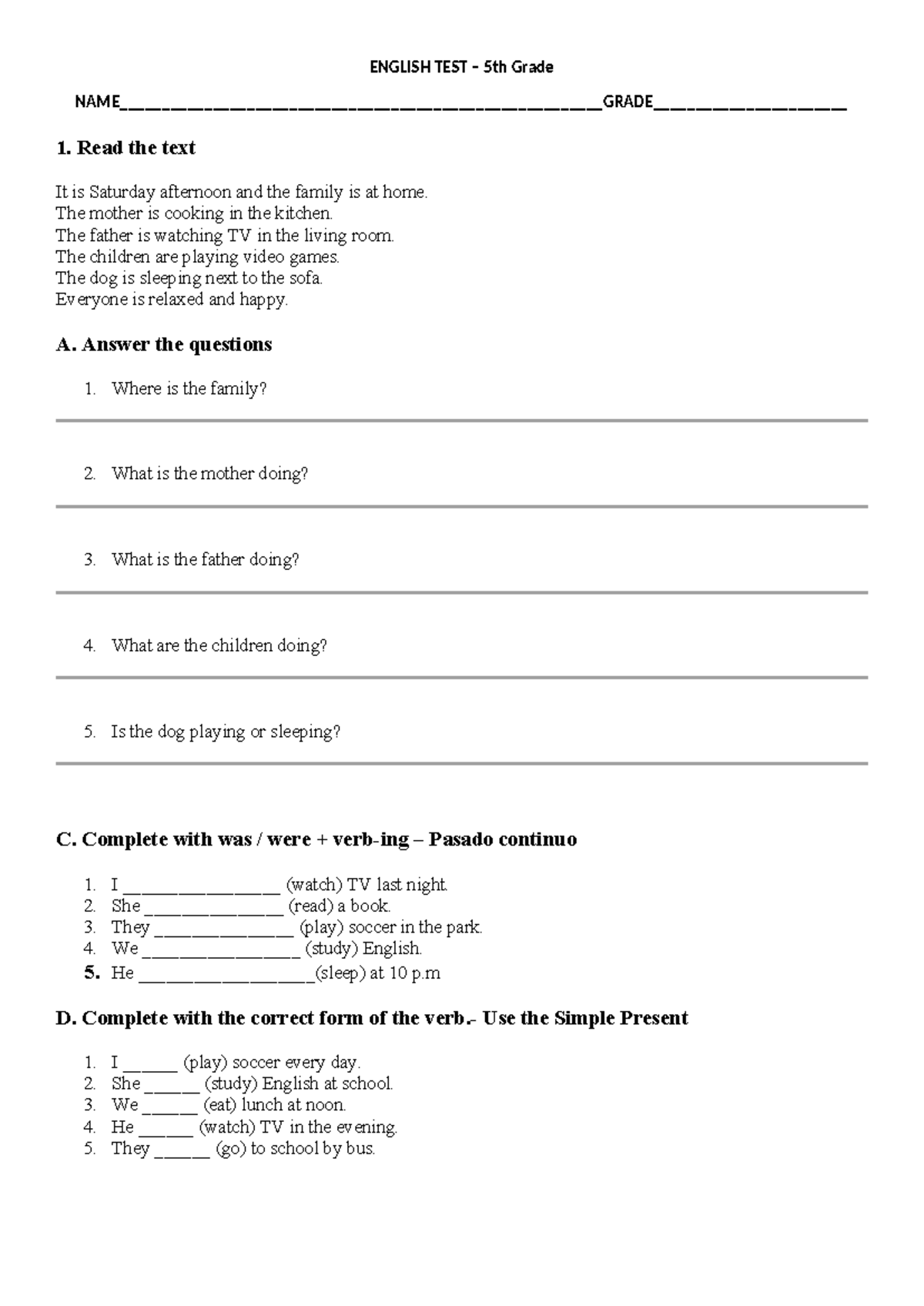 ENGLISH TEST: 5th Grade Practice Questions and Exercises - Studocu