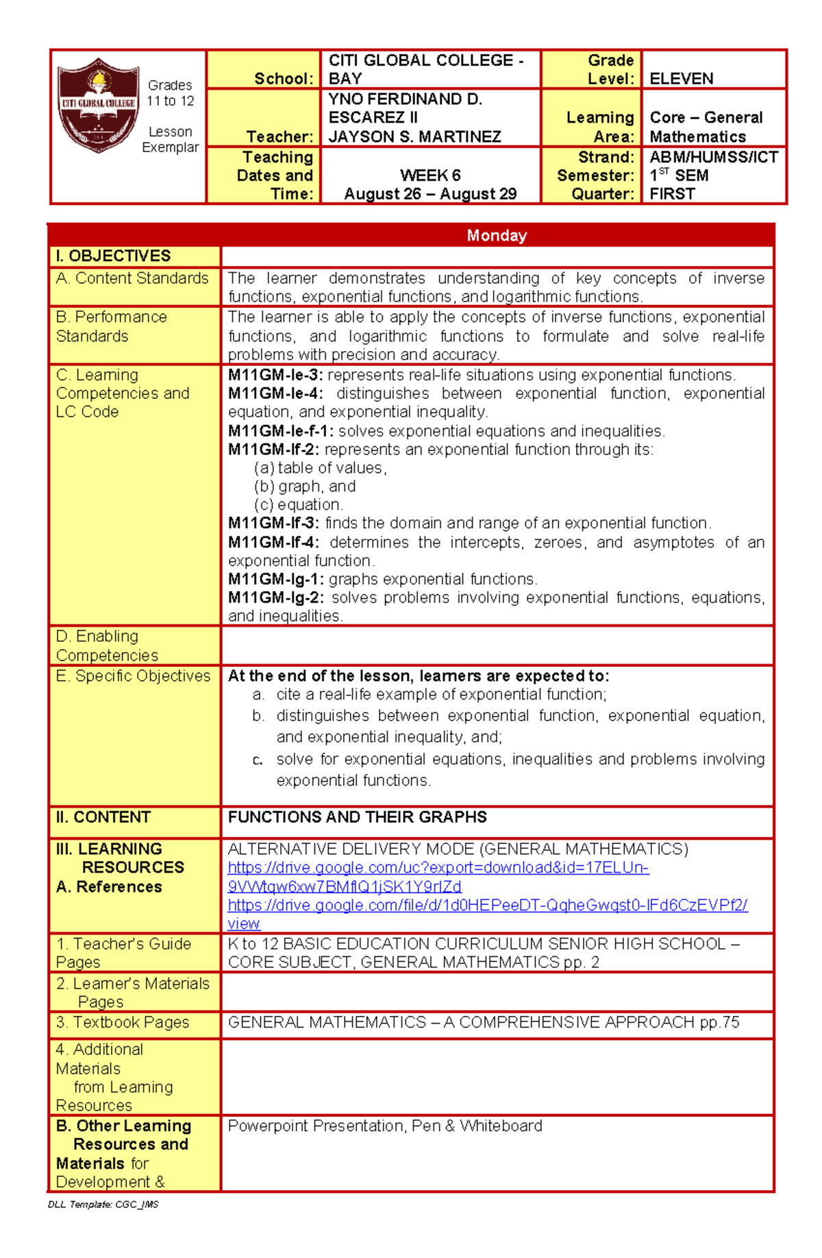 GEN MATH LE (WEEK 6) - gen math - School: CITI GLOBAL COLLEGE - BAY ...