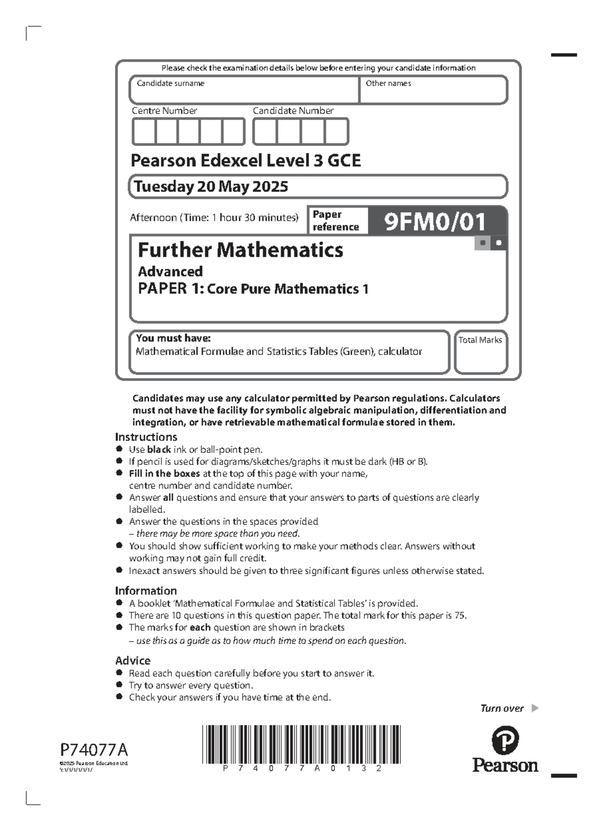 A Level Further Mathematics 9FM0-01: Core Pure Mathematics 1 Exam ...