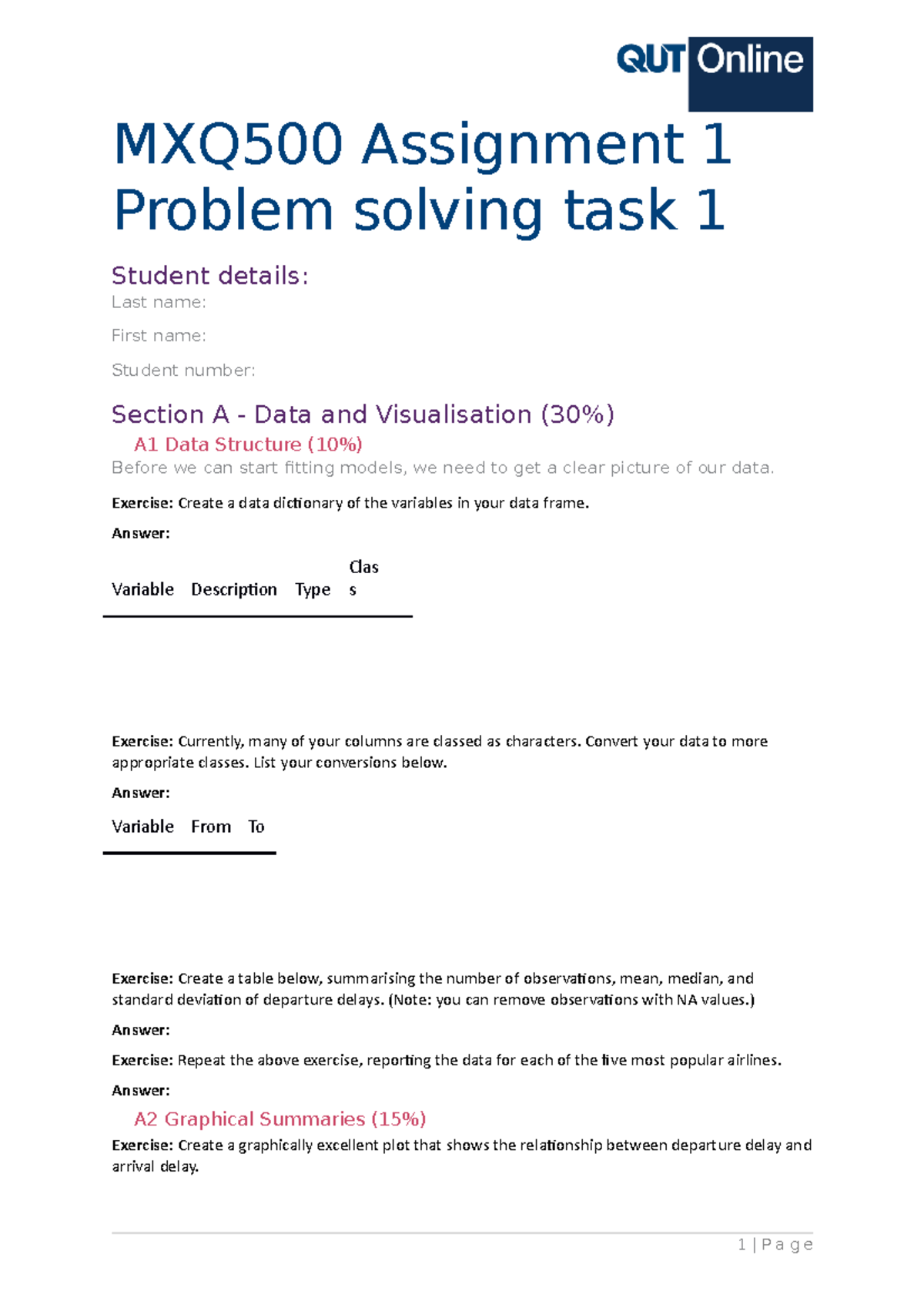 MXQ500 A1 Data Analysis and Problem Solving Task 1 - Studocu