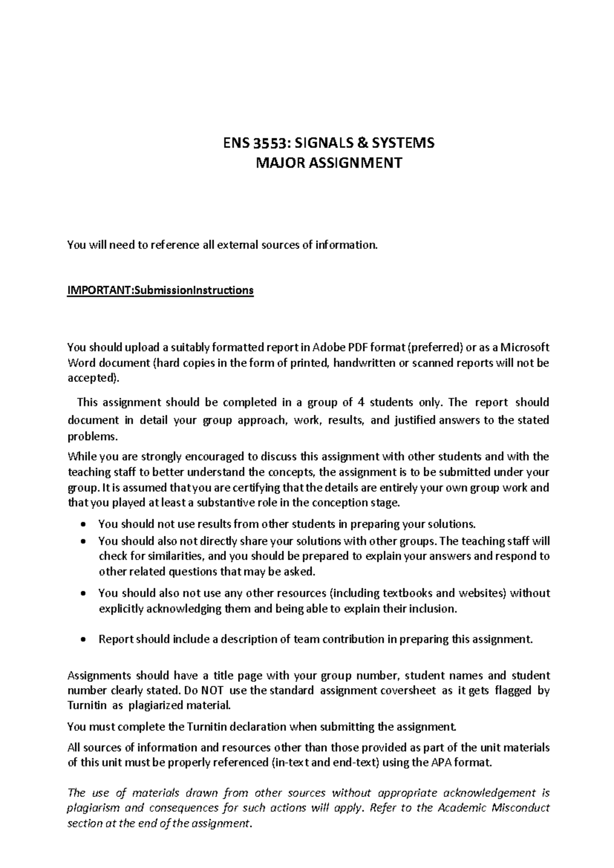 ENS 3553: Signals Systems Major Group Assignment Report - Studocu