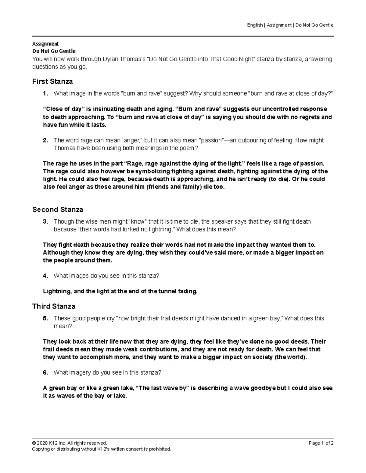 1.03 English Assignment: Analyzing "Do Not Go Gentle" by Dylan Thomas ...