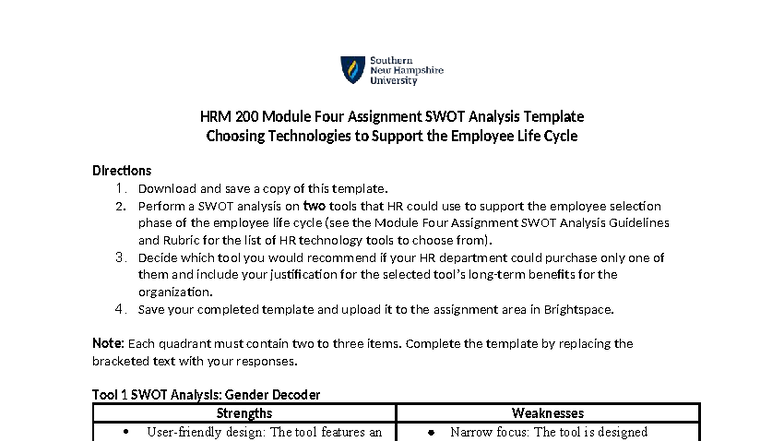HRM 200 Module Four Assignment: SWOT Analysis of HR Tools - Studocu