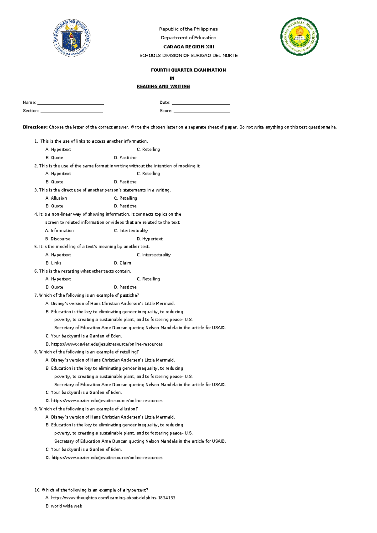 4th Quarter Reading & Writing Exam Review Guide - Studocu