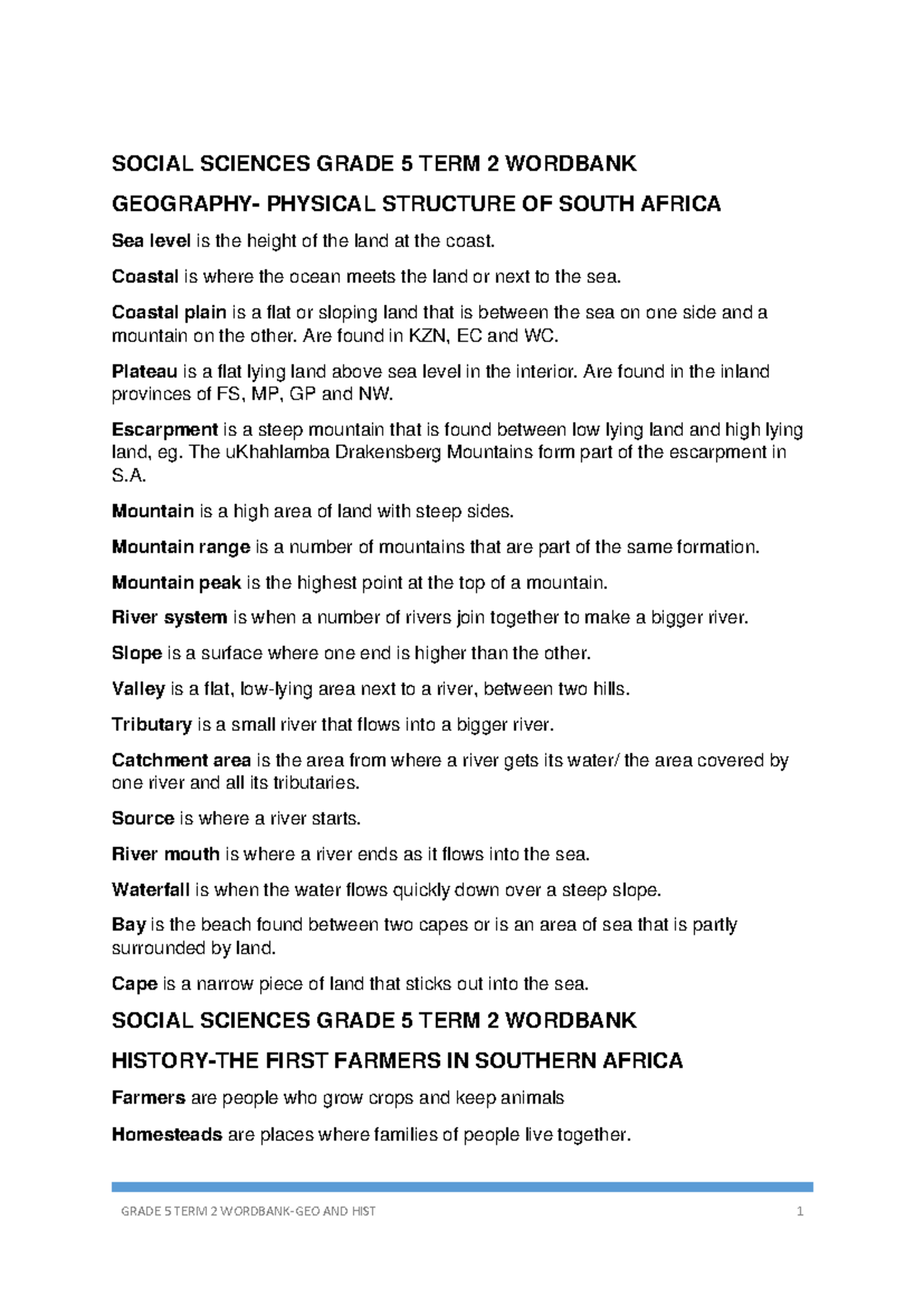 Grade 5 Term 2 Geo & Hist Vocabulary Wordbank Overview - Studocu