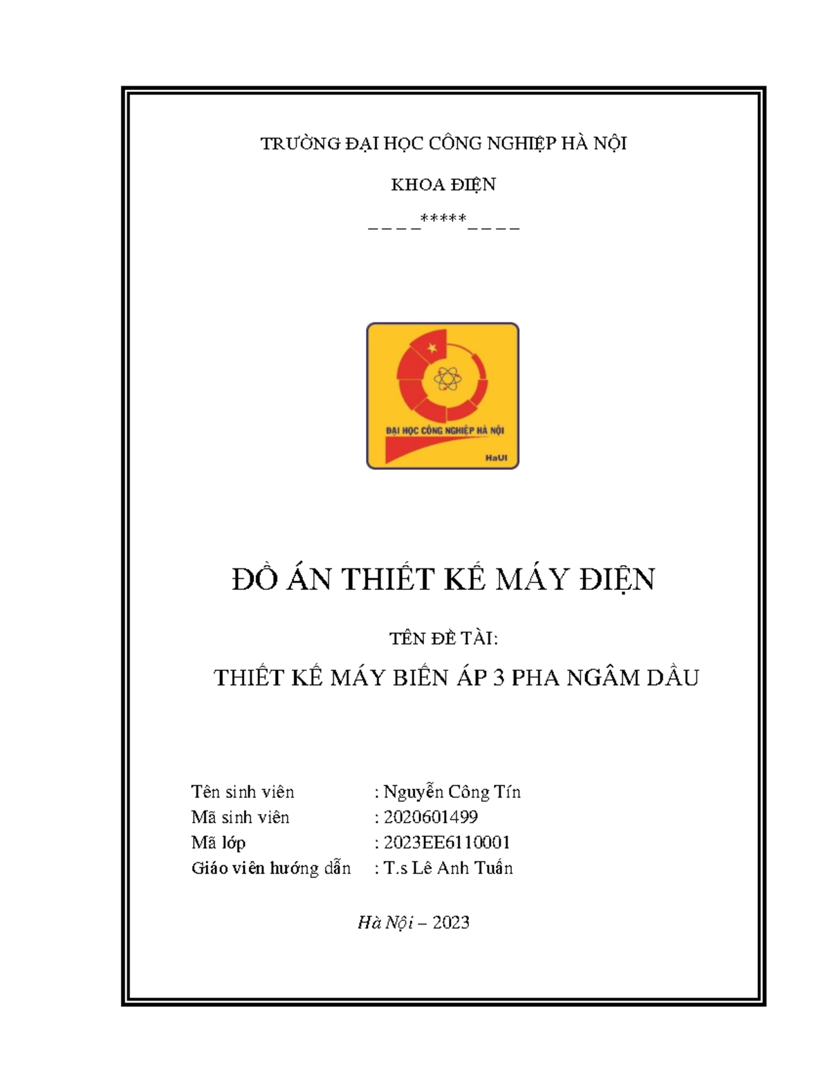 Đồ Án Thiết Kế Máy Điện: Máy Biến Áp 3 Pha Ngâm Dầu - 2020601499 - Studocu