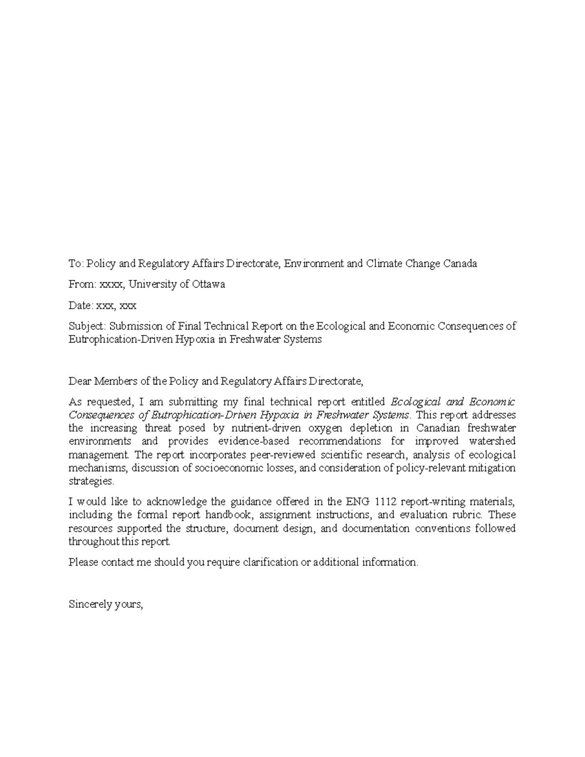 ENG 1112 Final Technical Report on Freshwater Hypoxia Impacts - Studocu