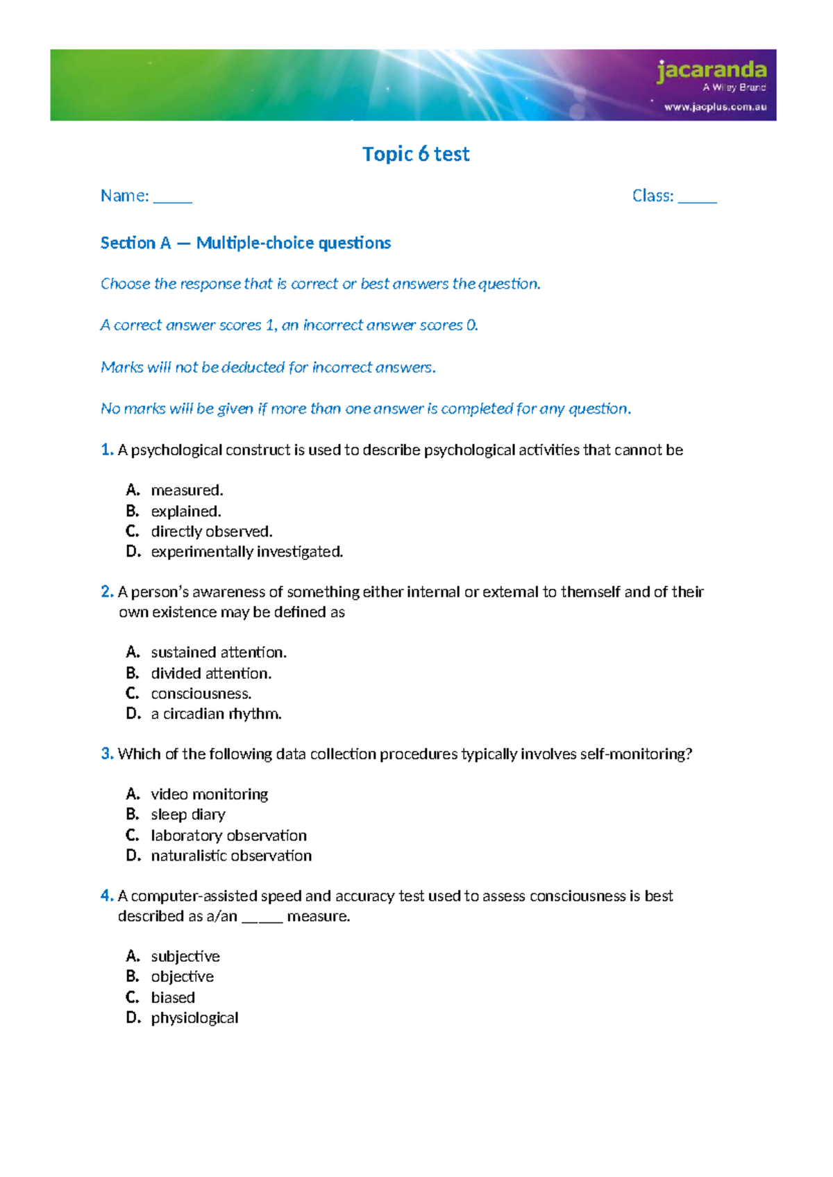 Topic 6 Test: Psychology Concepts and Brain Activity Analysis - Studocu