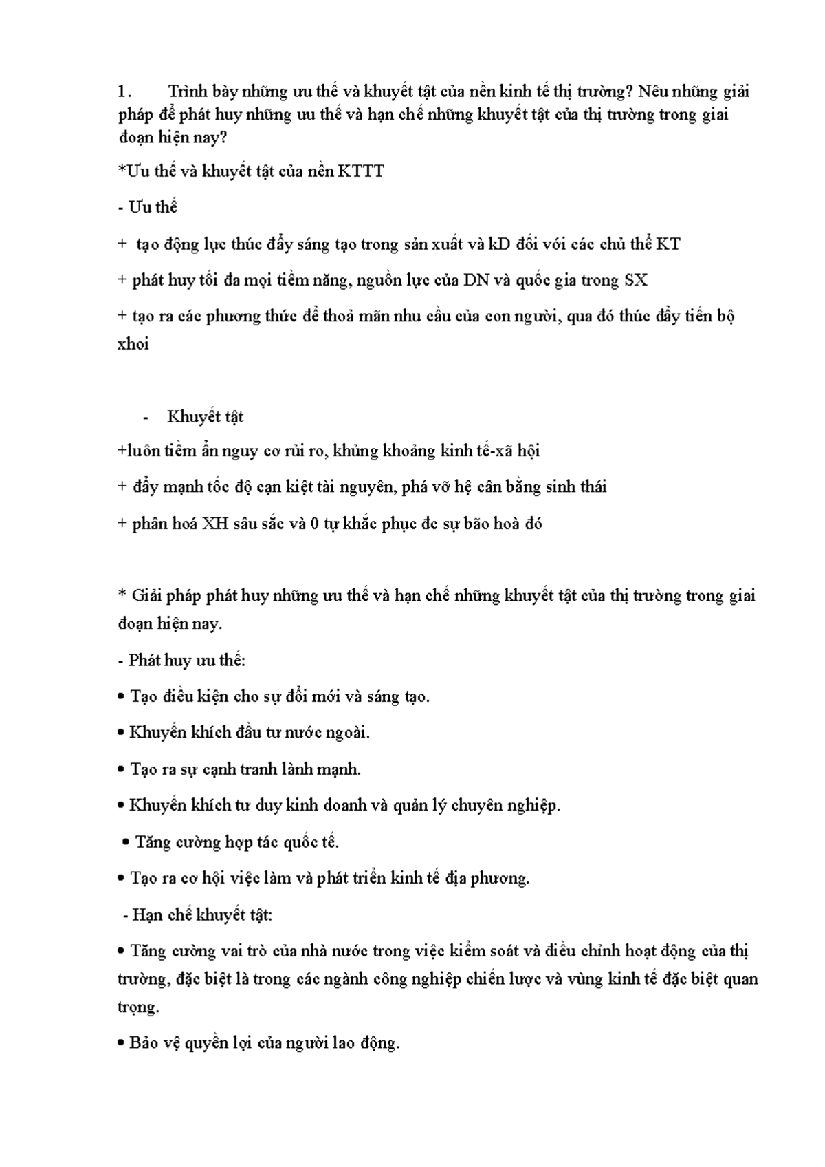 C2 KTCT Ưu thế và khuyết tật của nền kinh tế thị trường và giải pháp - Studocu