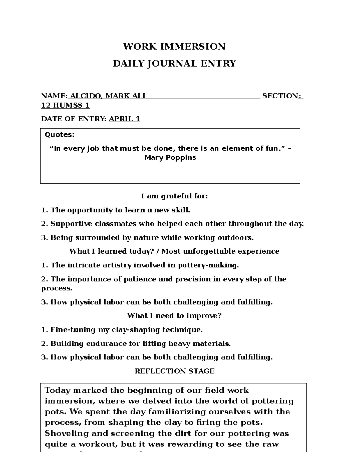 WORK IMMERSION DAILY JOURNAL ENTRY - ALCIDO, MARK ALI 12 HUMSS 1 - Studocu