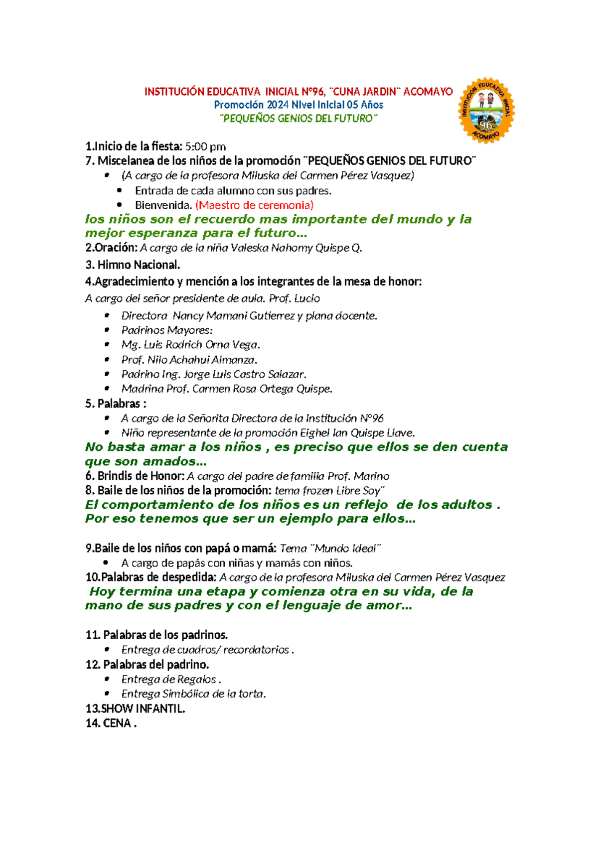 Programa de Fiesta de Promoción 2024 - Nivel Inicial 5 Años - Studocu