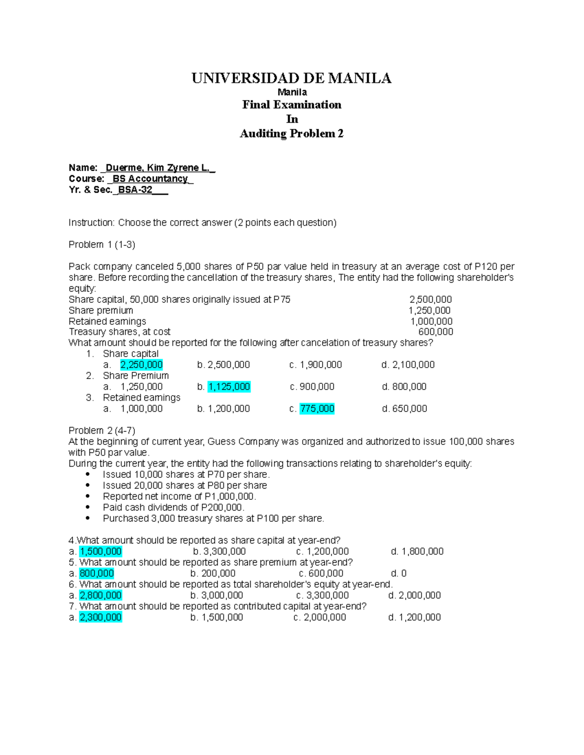 Final Exam - Auditing (BS Accountancy BSA-32) by Duerme, Kim Zyrene L ...