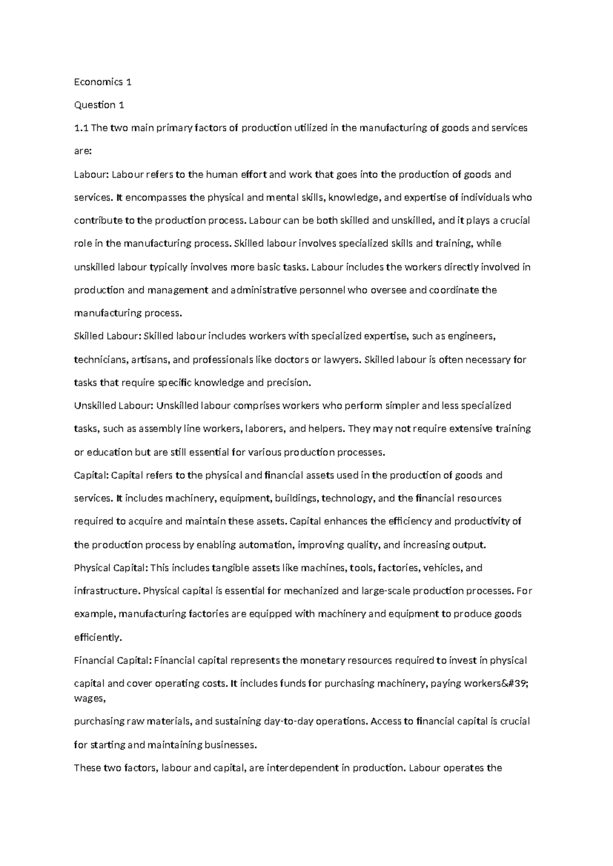 Economics 1 Assignment: Factors of Production, Elasticity & Equilibrium ...