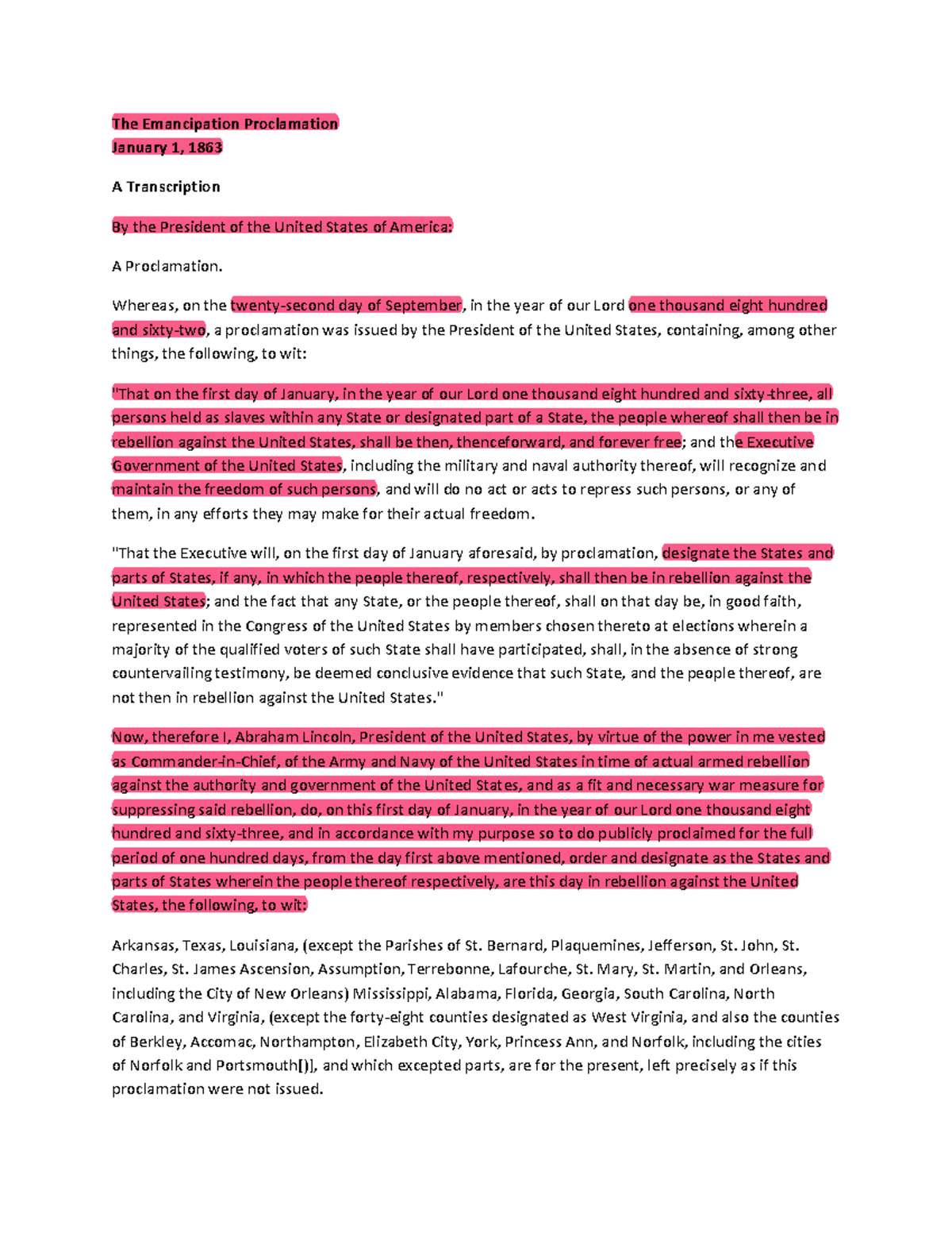 Final Exam Paper on The Emancipation Proclamation (History 101) - The ...