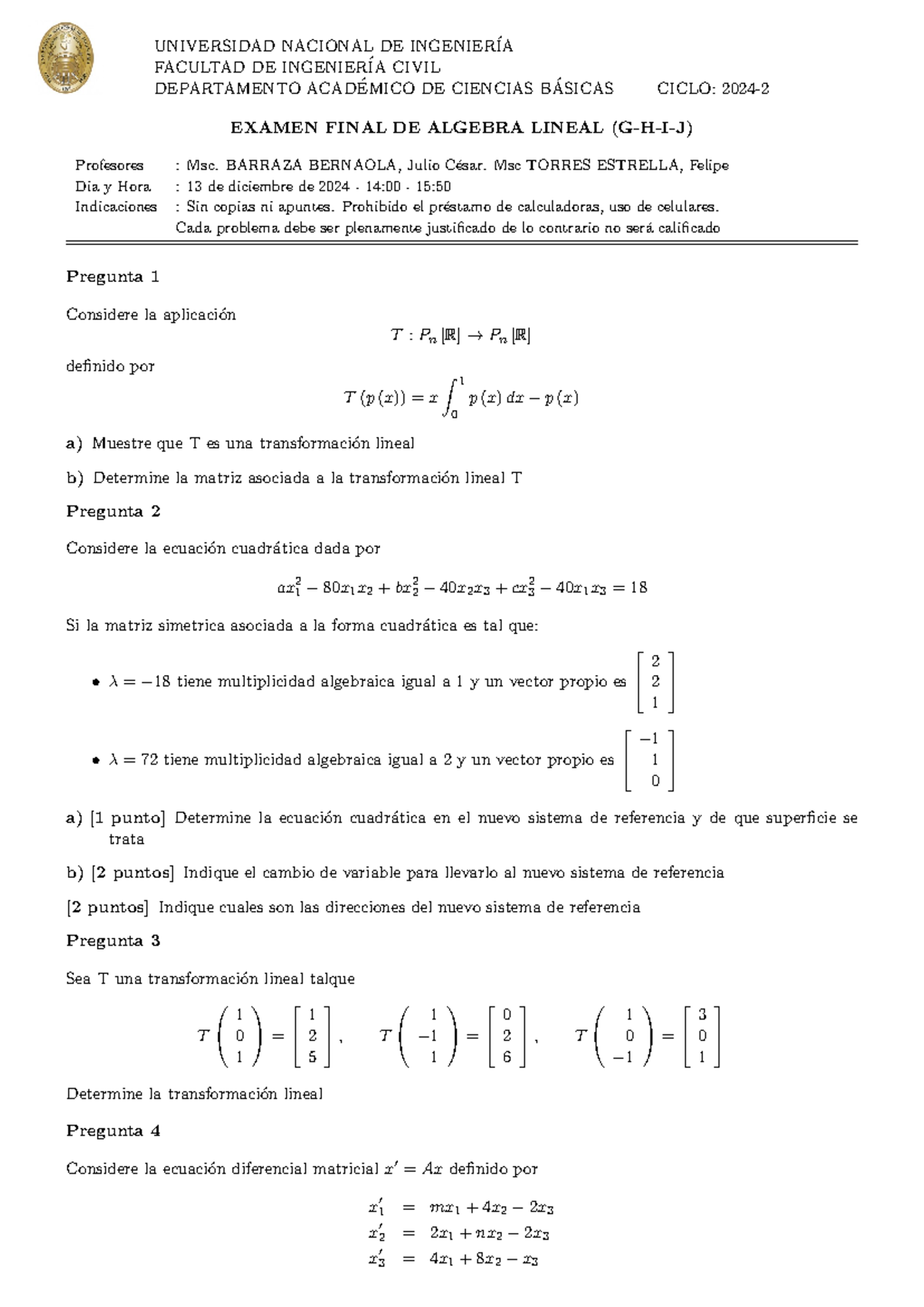 Examen Final BMA 03-2024-02 - UNIVERSIDAD NACIONAL DE INGENIER ́IA FACULTAD DE INGENIER ́IA ...