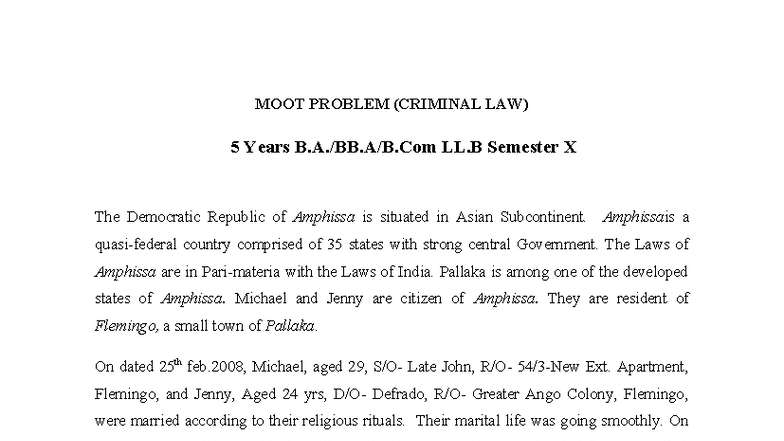 Moot Court Problem: Criminal Law Case Study (5 Years LL.B, Sem X) - Studocu