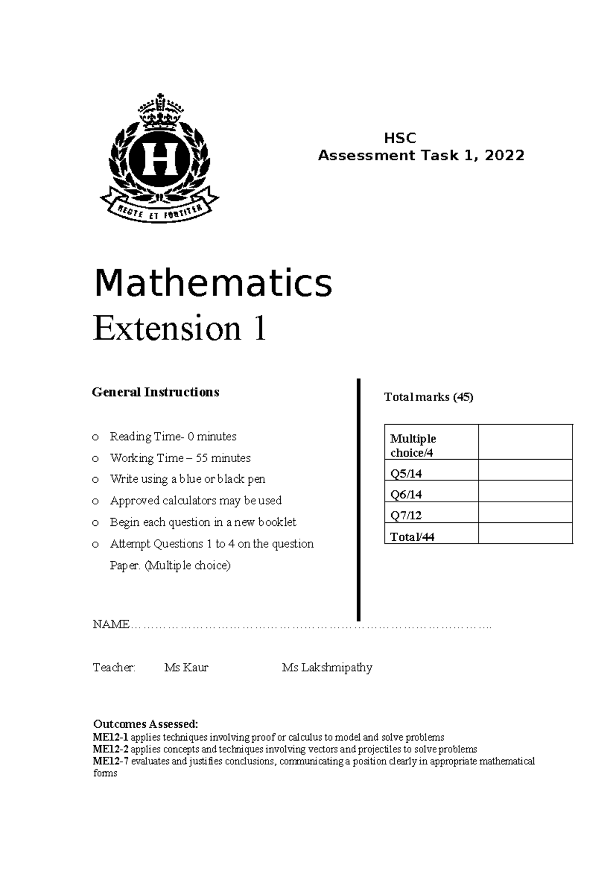 HSC Mathematics Extension 1 Assessment Task 1 Instructions 2023 - Studocu