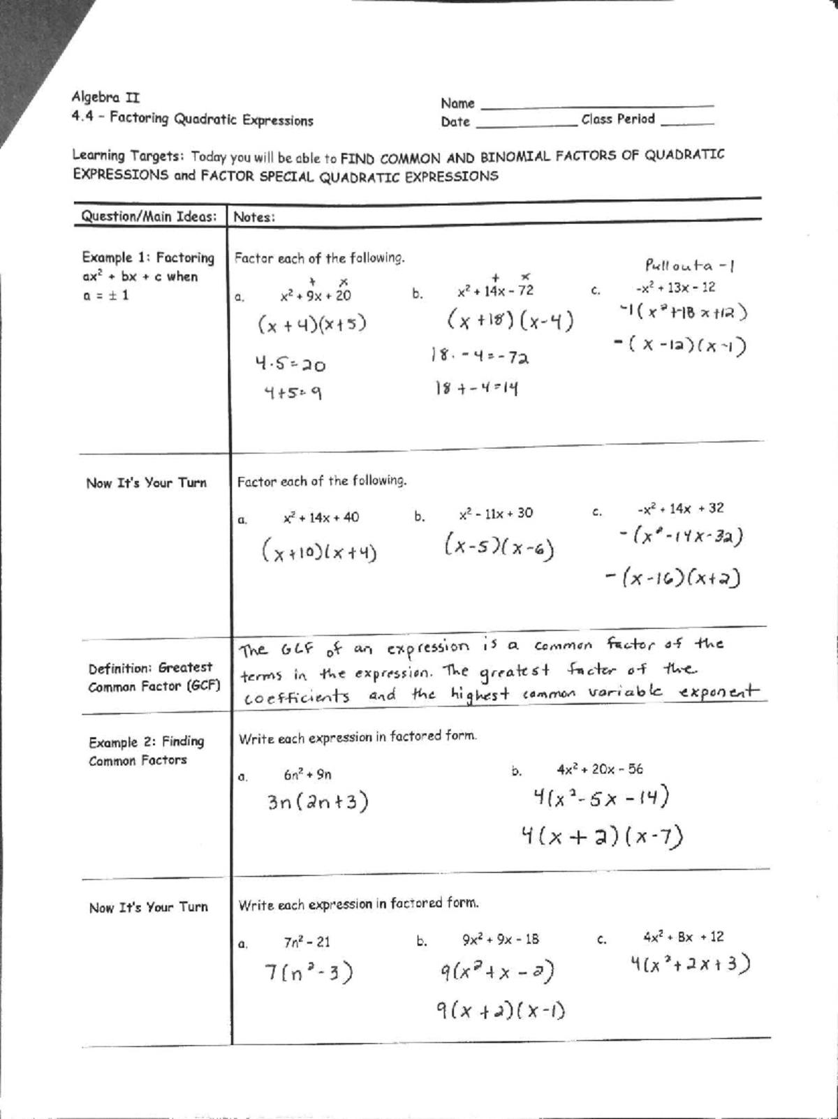 Algebra II 3.4 Notes: Factoring Quadratic Expressions - Studocu