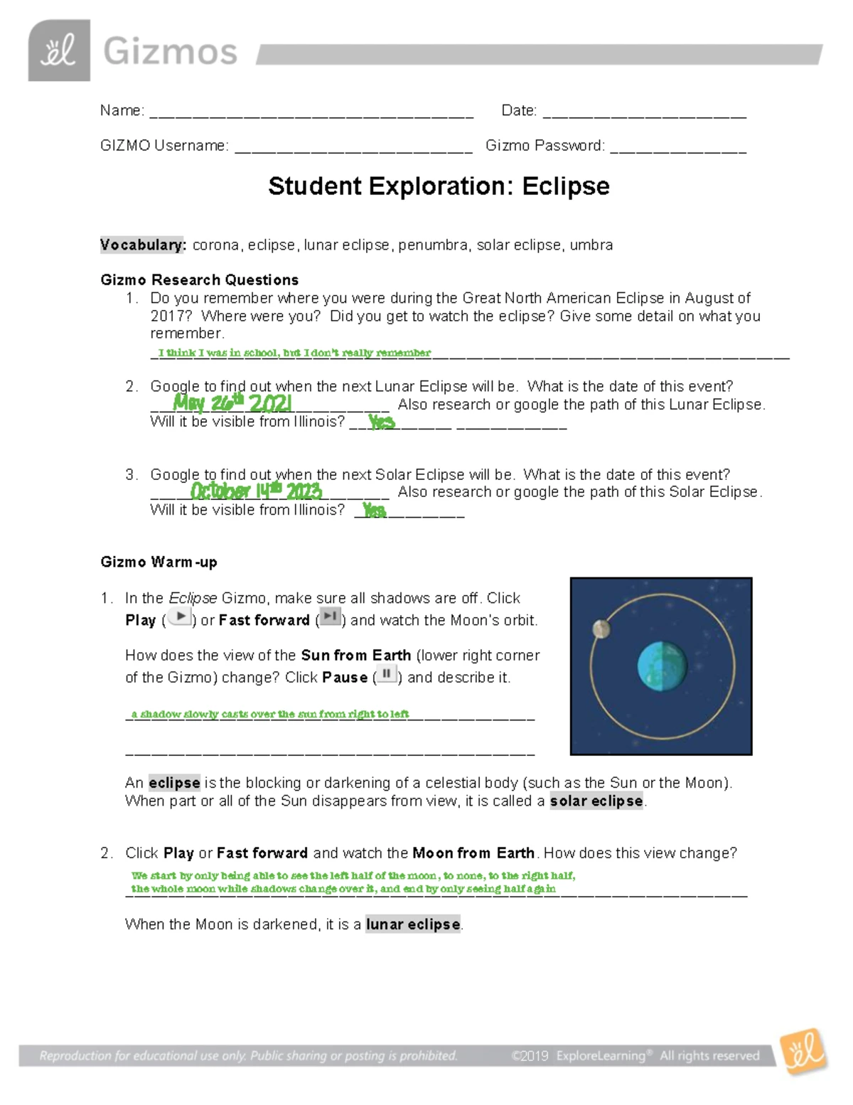 Phases of the Moon Gizmos - Name: Date: Student Exploration: Phases of ...