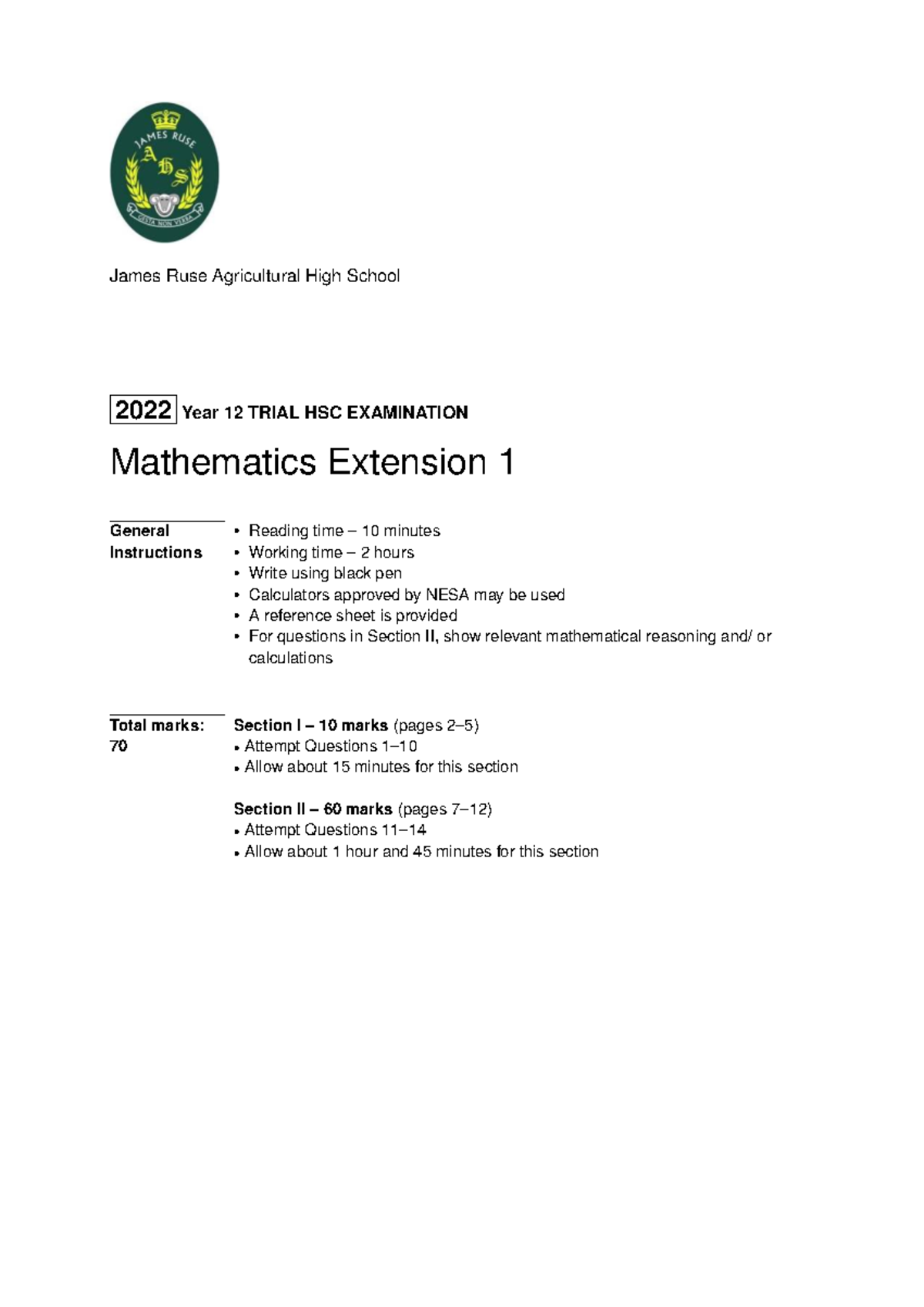 James Ruse Agricultural High School 2022 Year 12 3U Trial HSC ...