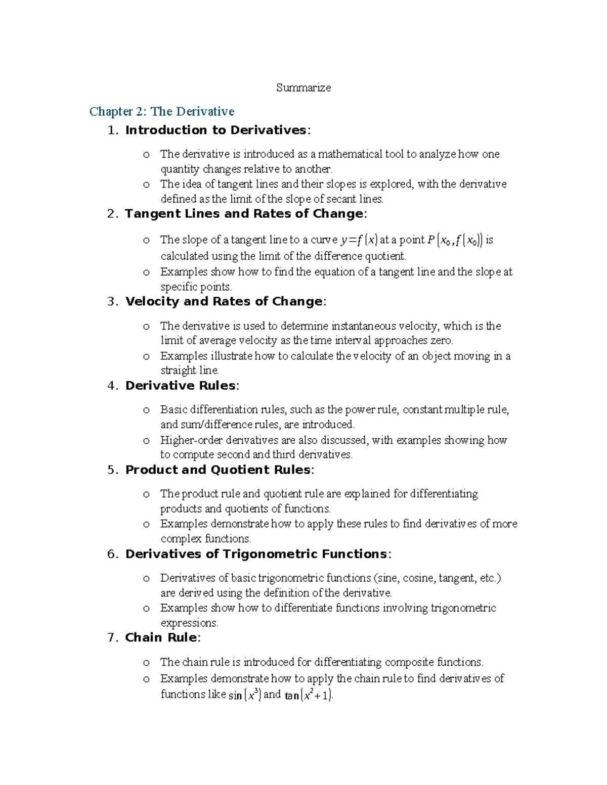 Chapter 2 Summary: Understanding Derivatives in Calculus (MATH 101 ...