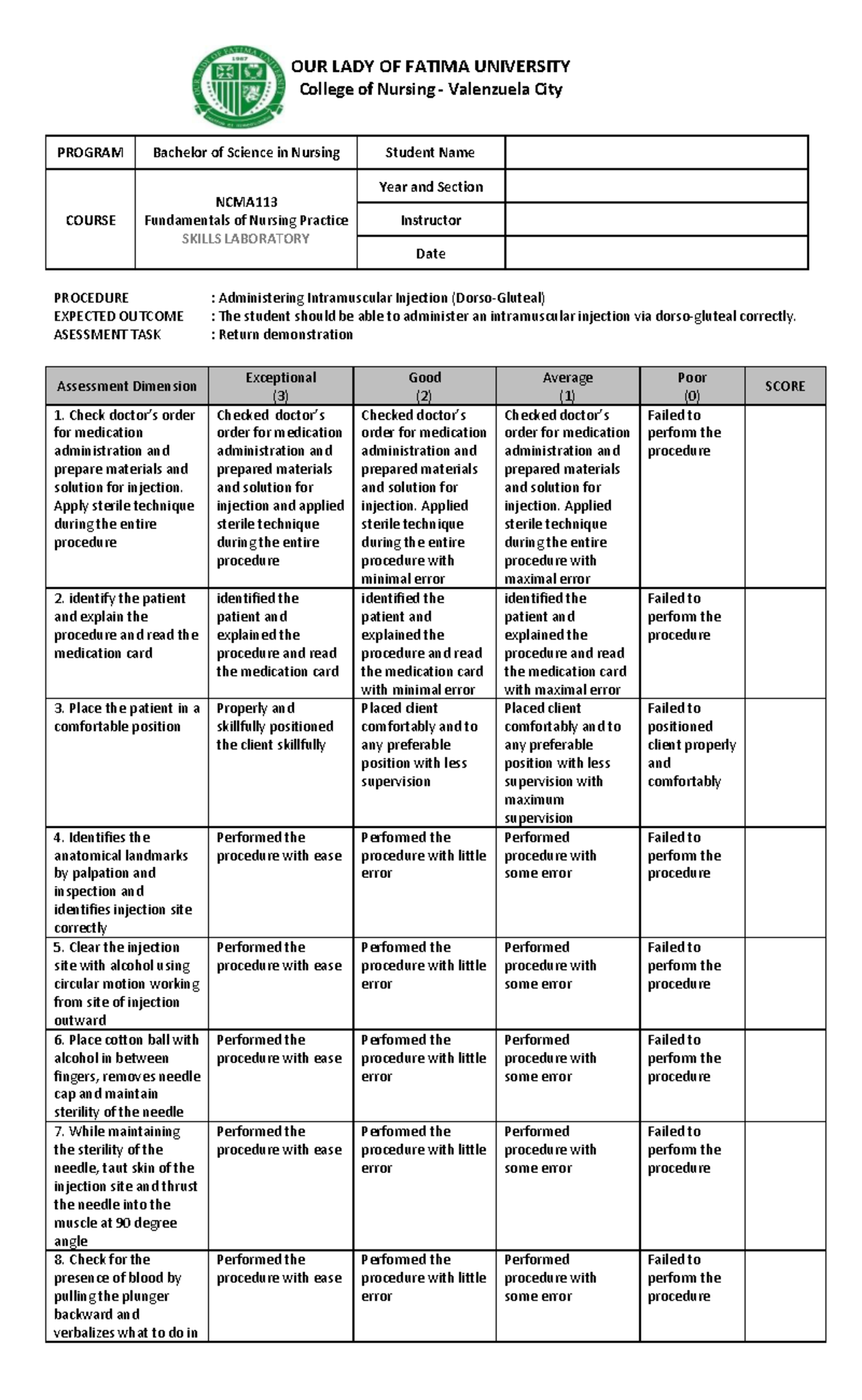Dorso-Gluteal Injection Procedure - NCMA Skills Lab Notes - Studocu