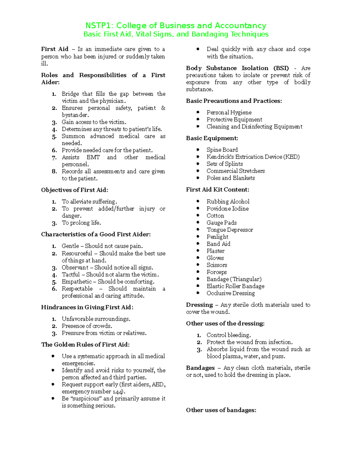 NSTP1 - Comprehensive Guide on First Aid, Vital Signs & Bandaging ...
