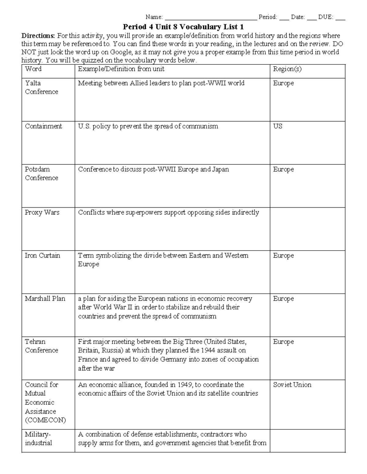 Unit 6 Vocab List 1: Key Terms & Definitions for Period 3 - Studocu